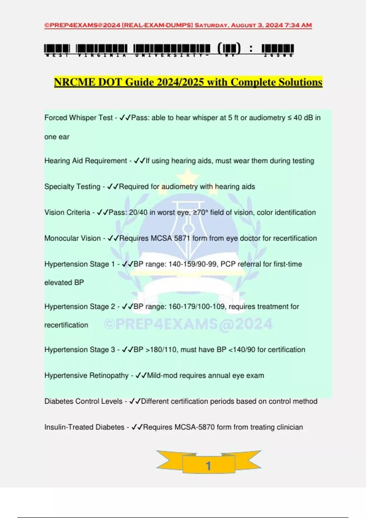 NRCME DOT Guide 2024/2025 with Complete Solutions - DOT NRCME - Stuvia US