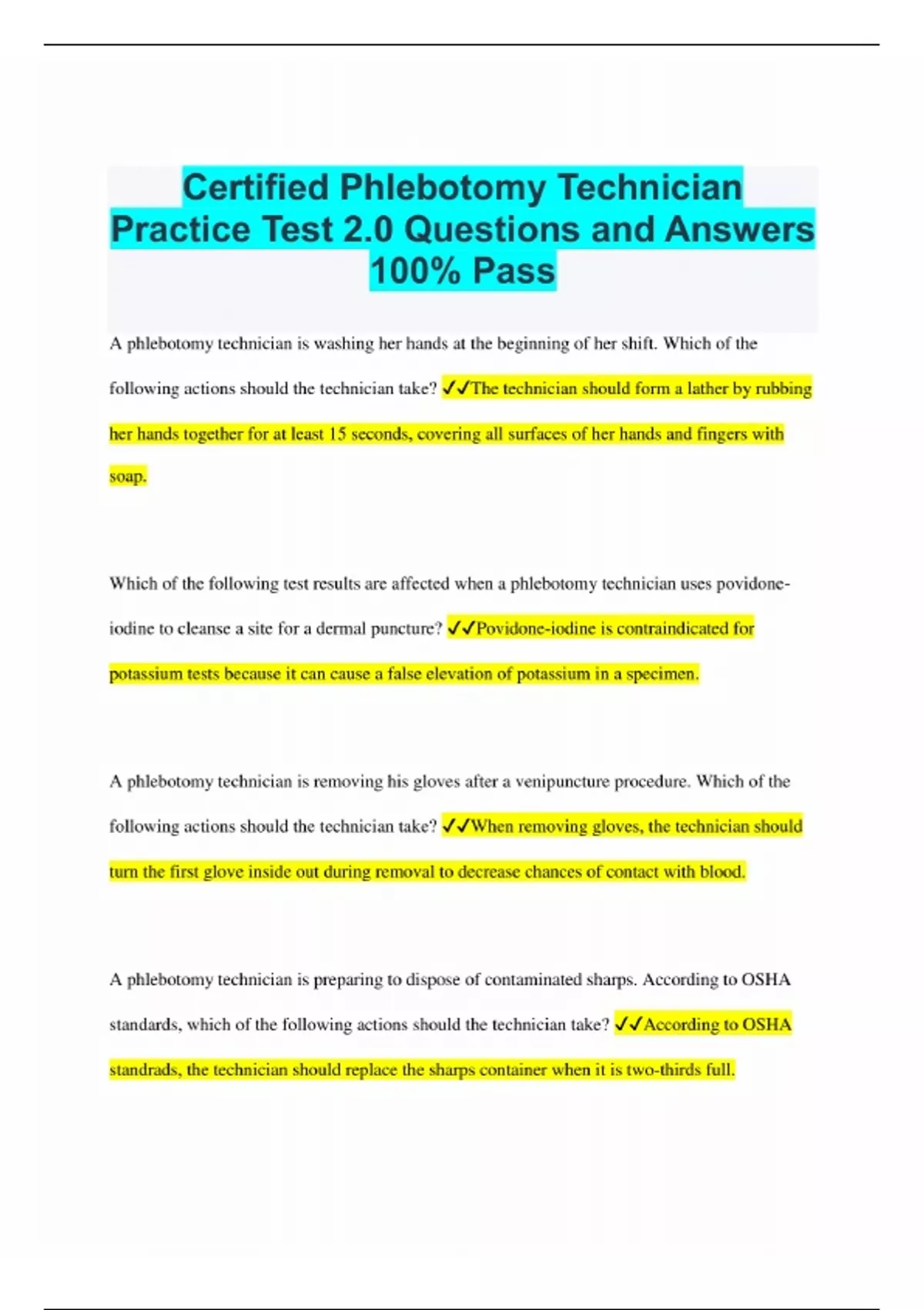 Certified Phlebotomy Technician Practice Test 2.0 Questions and Answers ...