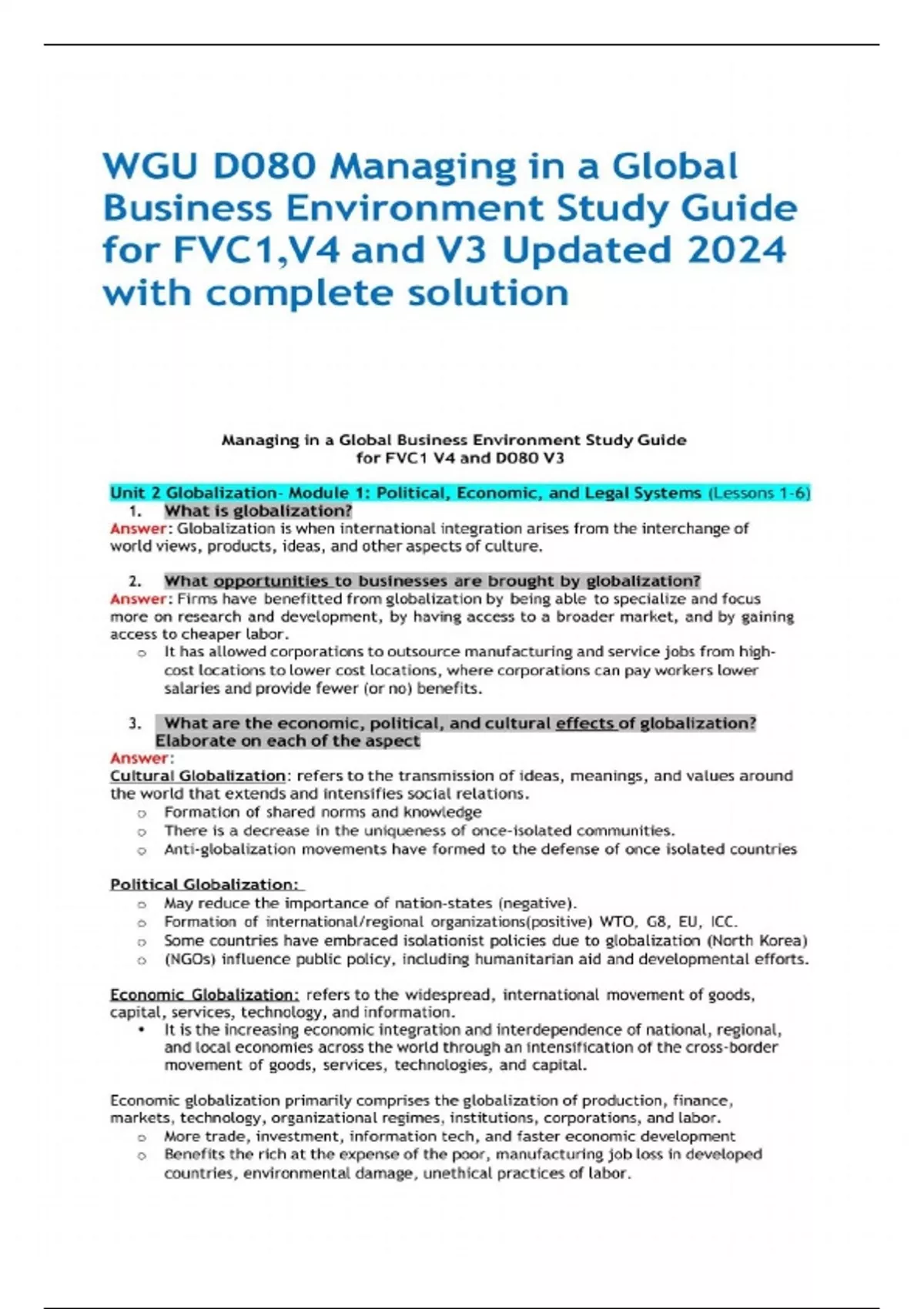 WGU D080 Managing in a Global Business Environment Study Guide for FVC1 ...