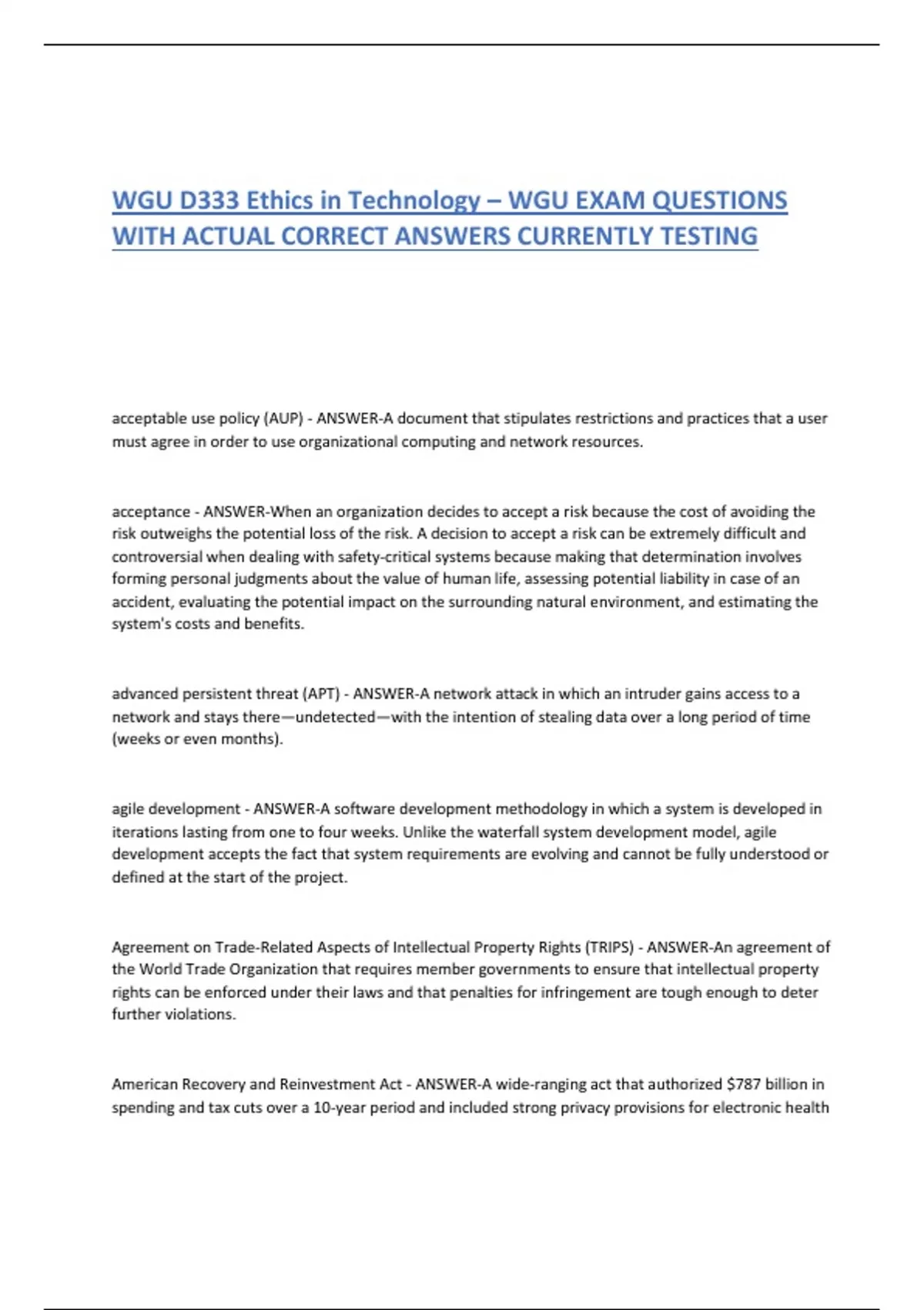 WGU D333 Ethics in Technology – WGU EXAM QUESTIONS WITH ACTUAL CORRECT ...