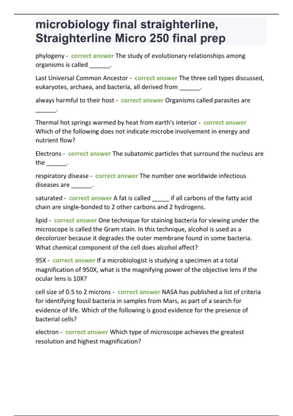 microbiology final straighterline, Straighterline Micro 250 final prep ...