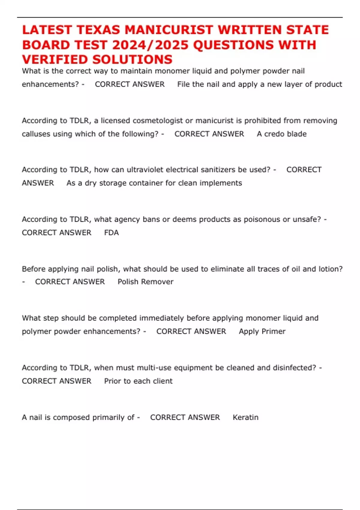 LATEST TEXAS MANICURIST WRITTEN STATE BOARD TEST 2024/2025 QUESTIONS ...