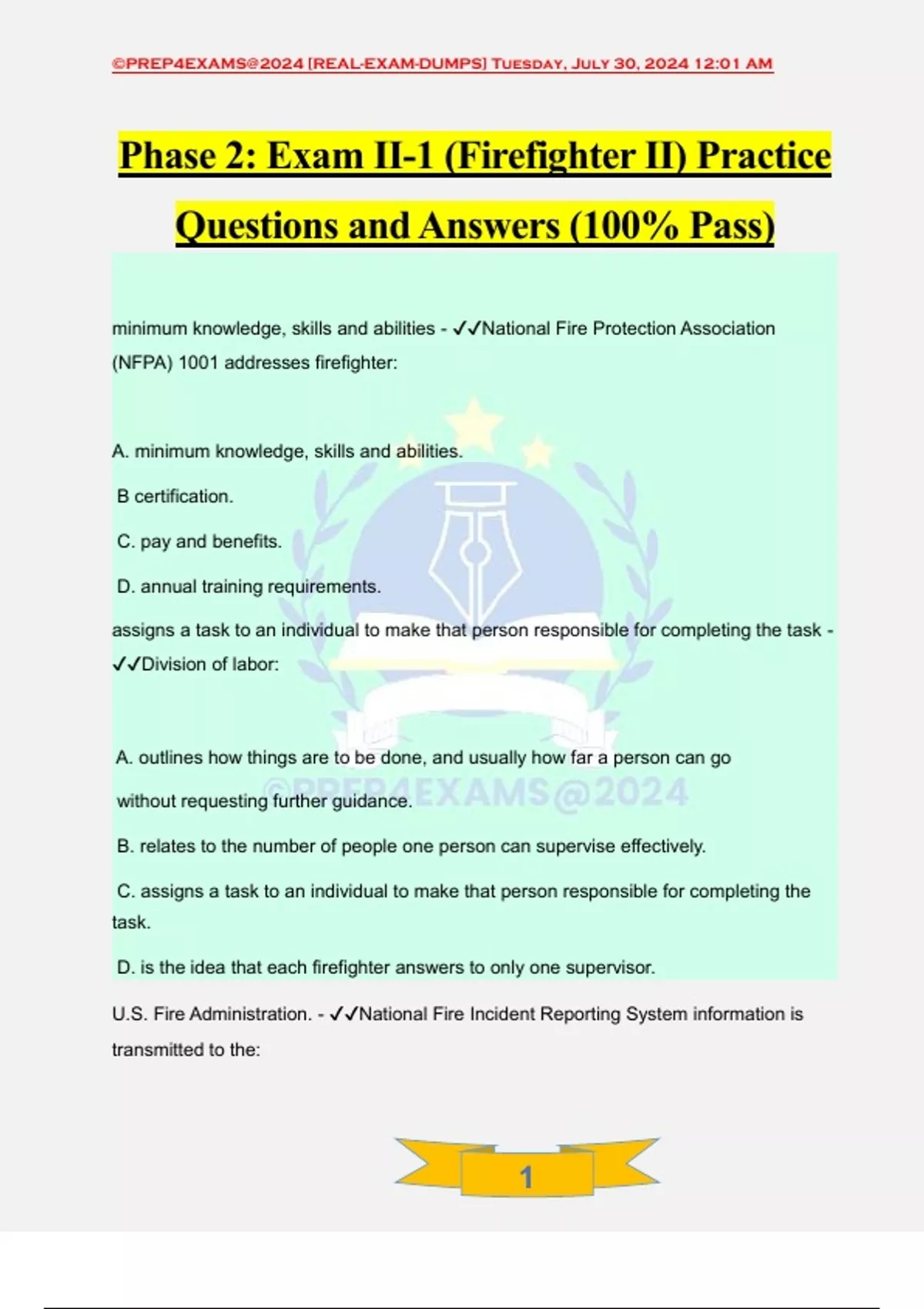 Phase 2: Exam II-1 (Firefighter II) Practice Questions and Answers (100 ...