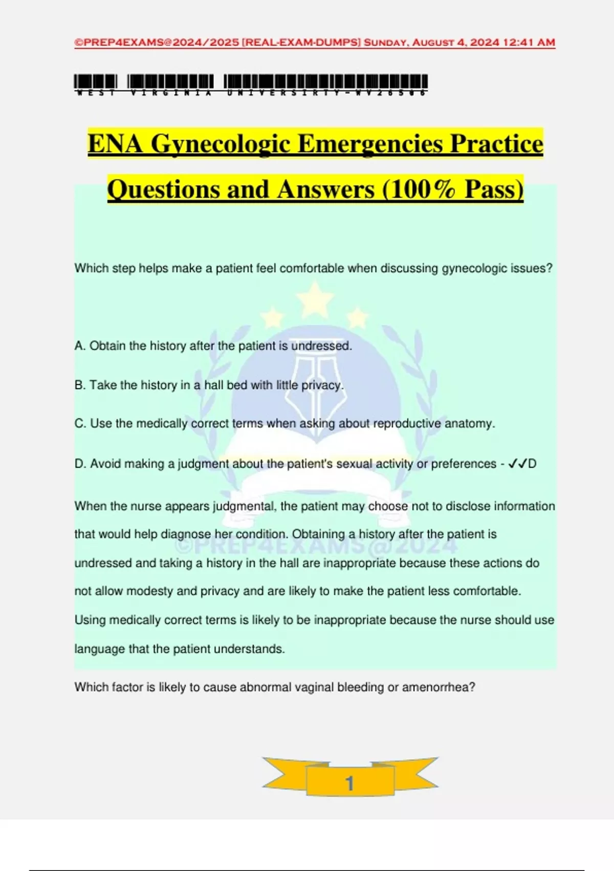 ENA Gynecologic Emergencies Practice Questions and Answers (100% Pass ...