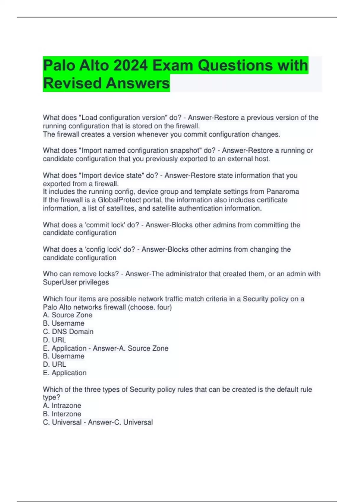 Bundle For Palo Alto 2024 Exam Questions with Answers All Correct - Stuvia US