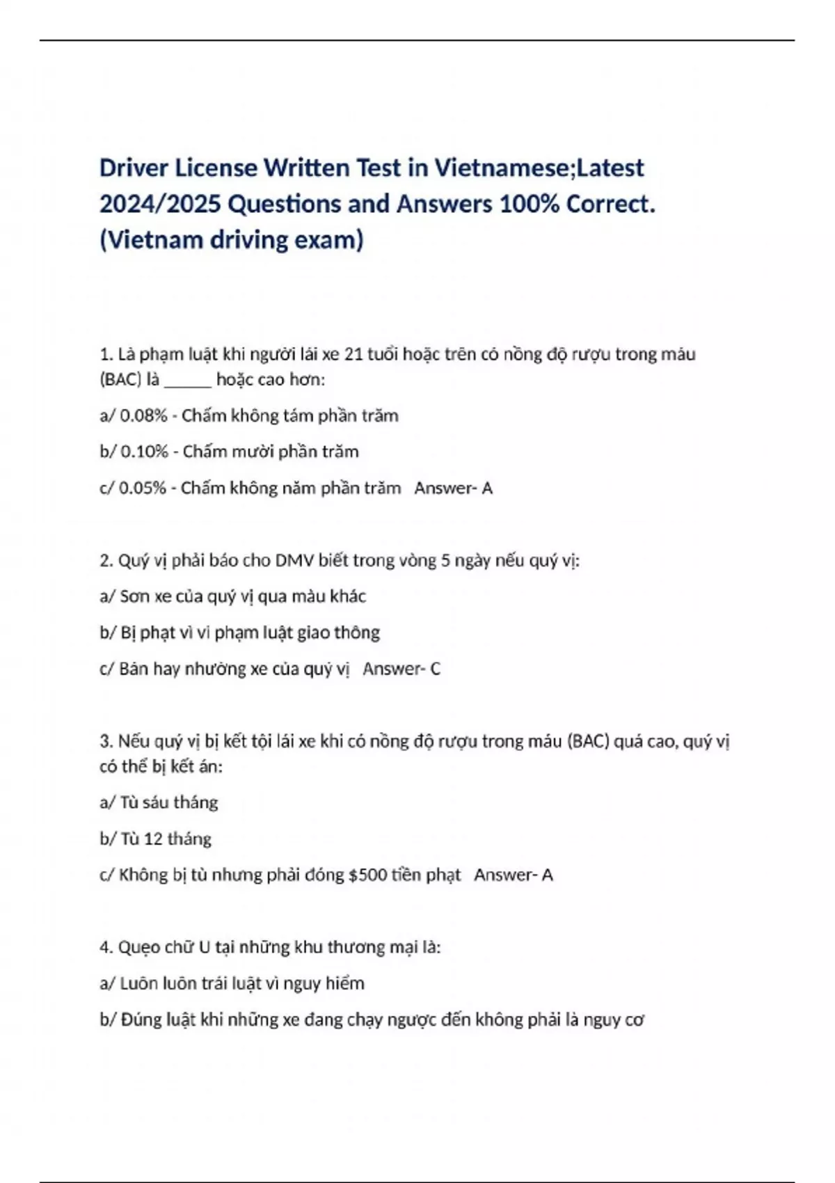 Driver License Written Test in Vietnamese;Latest 2024/2025 Questions ...
