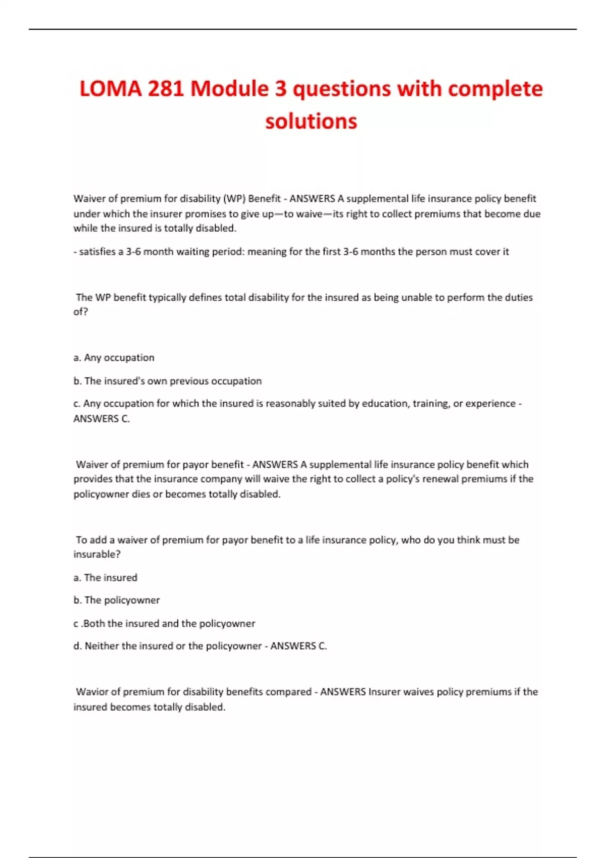 LOMA 281 Module 3 questions with complete solutions - LOMA - Stuvia US