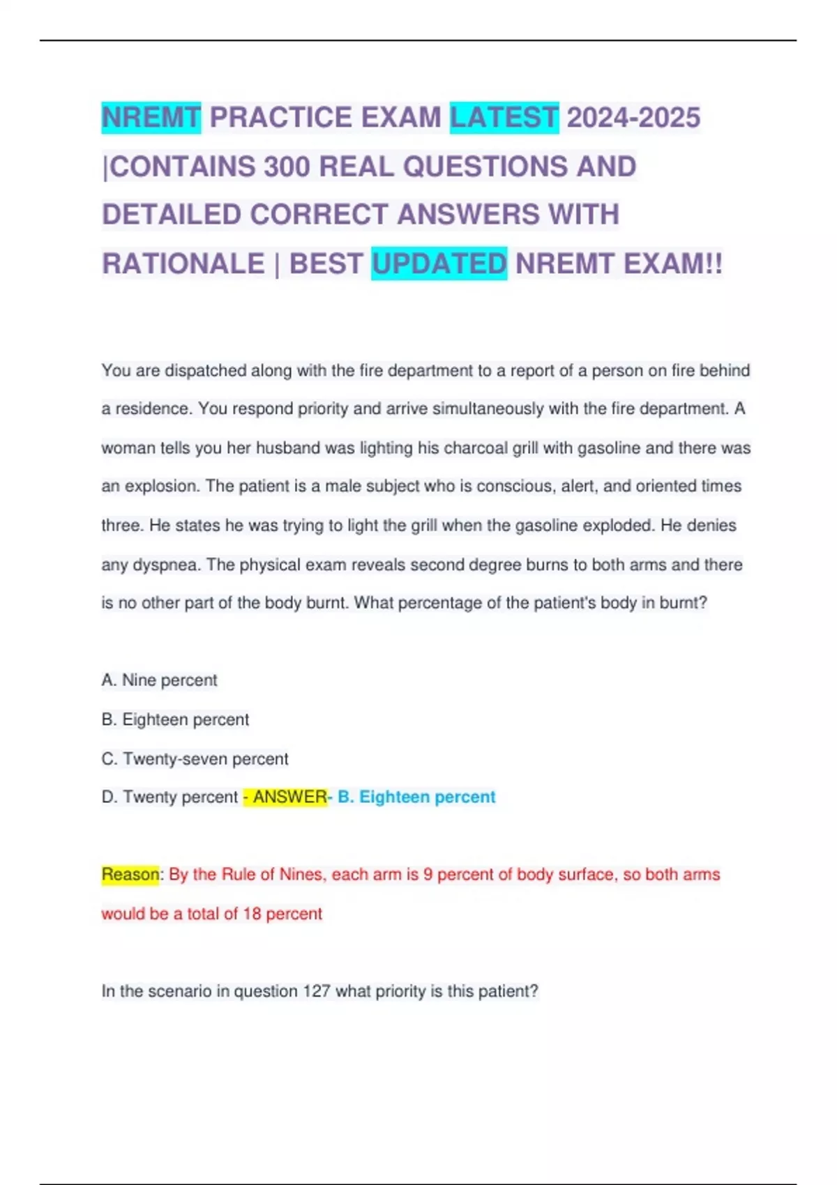 NREMT PRACTICE EXAM LATEST |CONTAINS 300 REAL QUESTIONS AND DETAILED ...