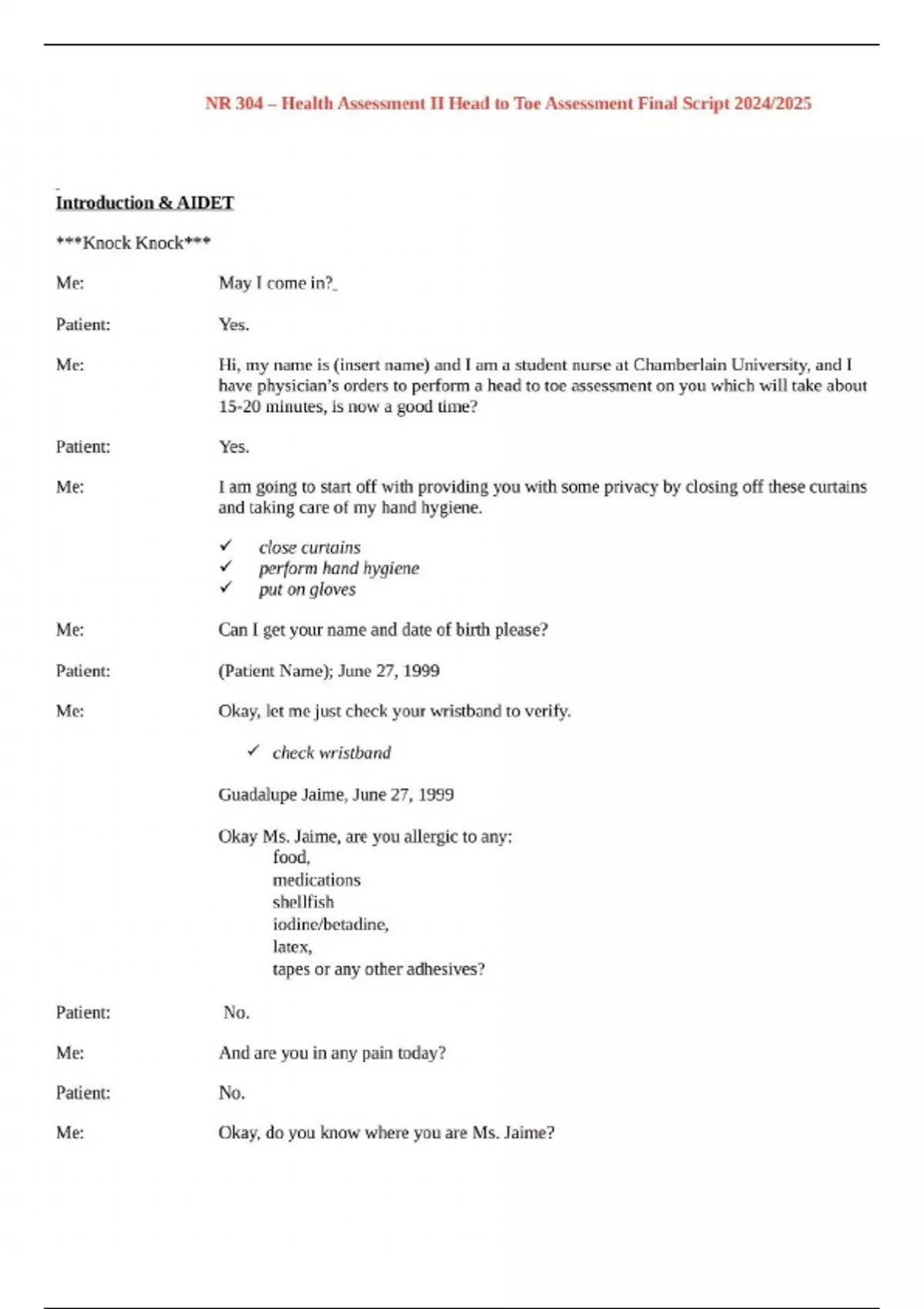 NR 304 – Health Assessment II Head to Toe Assessment Final Script - NR ...