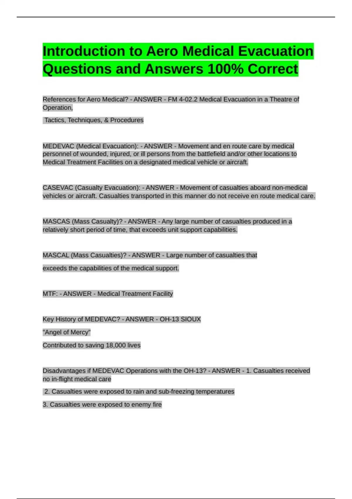 Introduction to Aero Medical Evacuation Questions and Answers 100% Correct - Introduction to ...