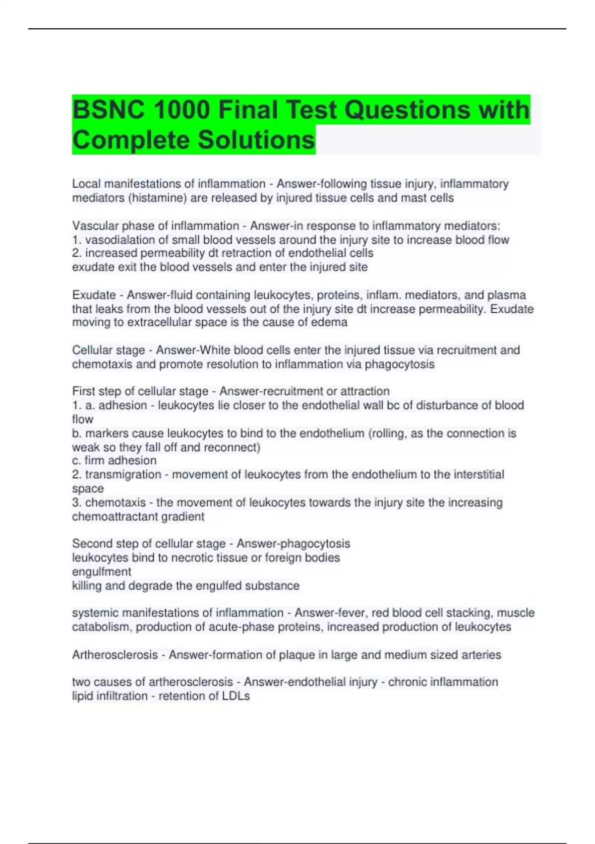 BSNC 1000 Final Test Questions with Complete Solutions - BSNC 1000 ...