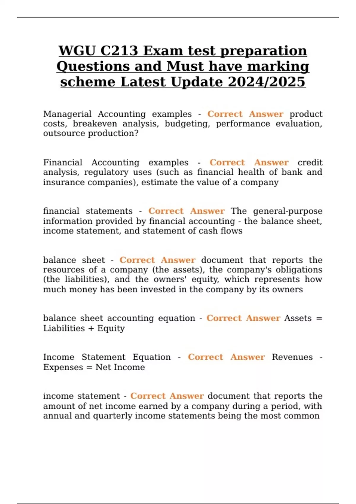 WGU C213 Exam test preparation Questions and Must have marking scheme ...