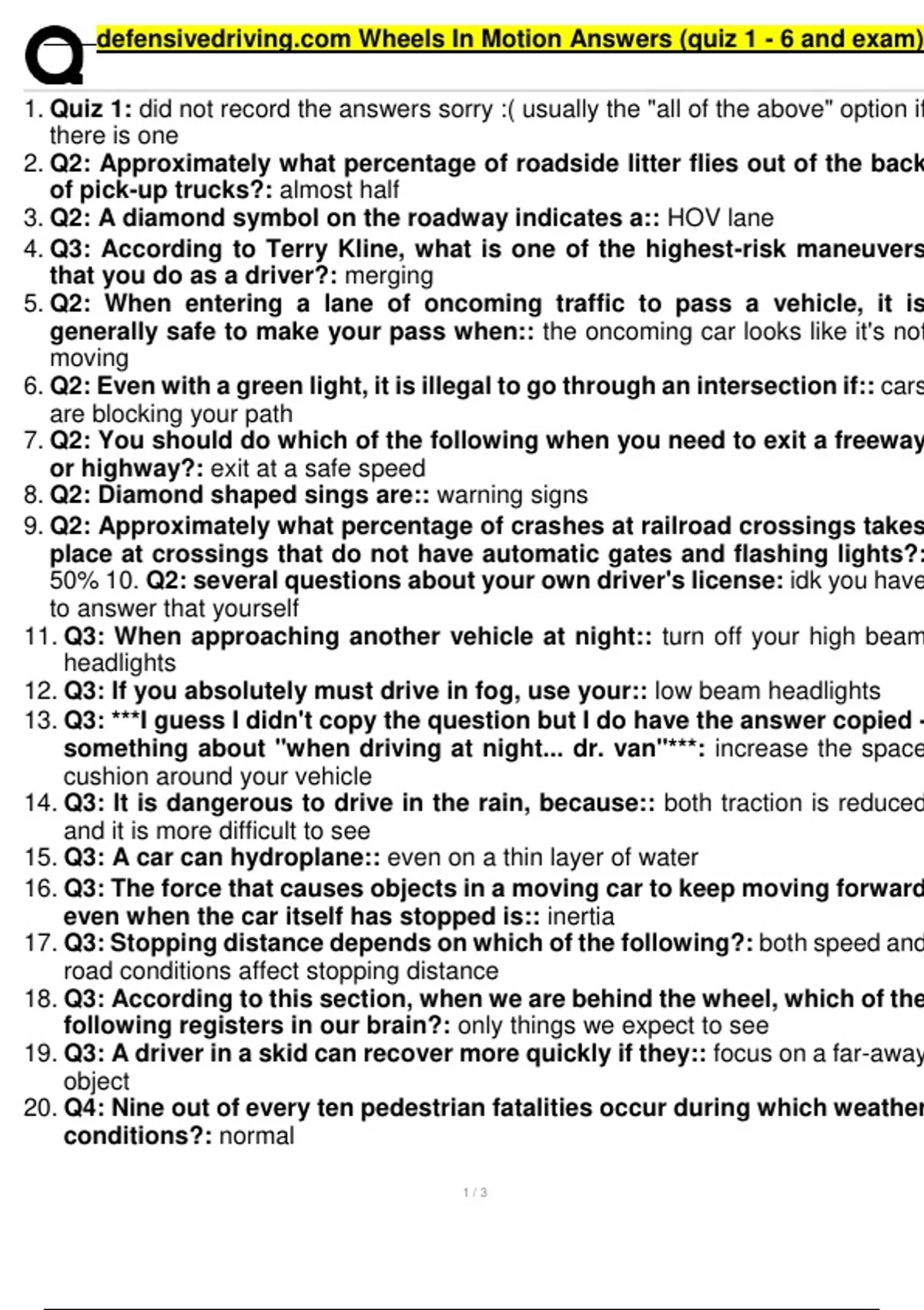 Defensive driving wheels in motion answers (quiz 1 - 6 and exam ...