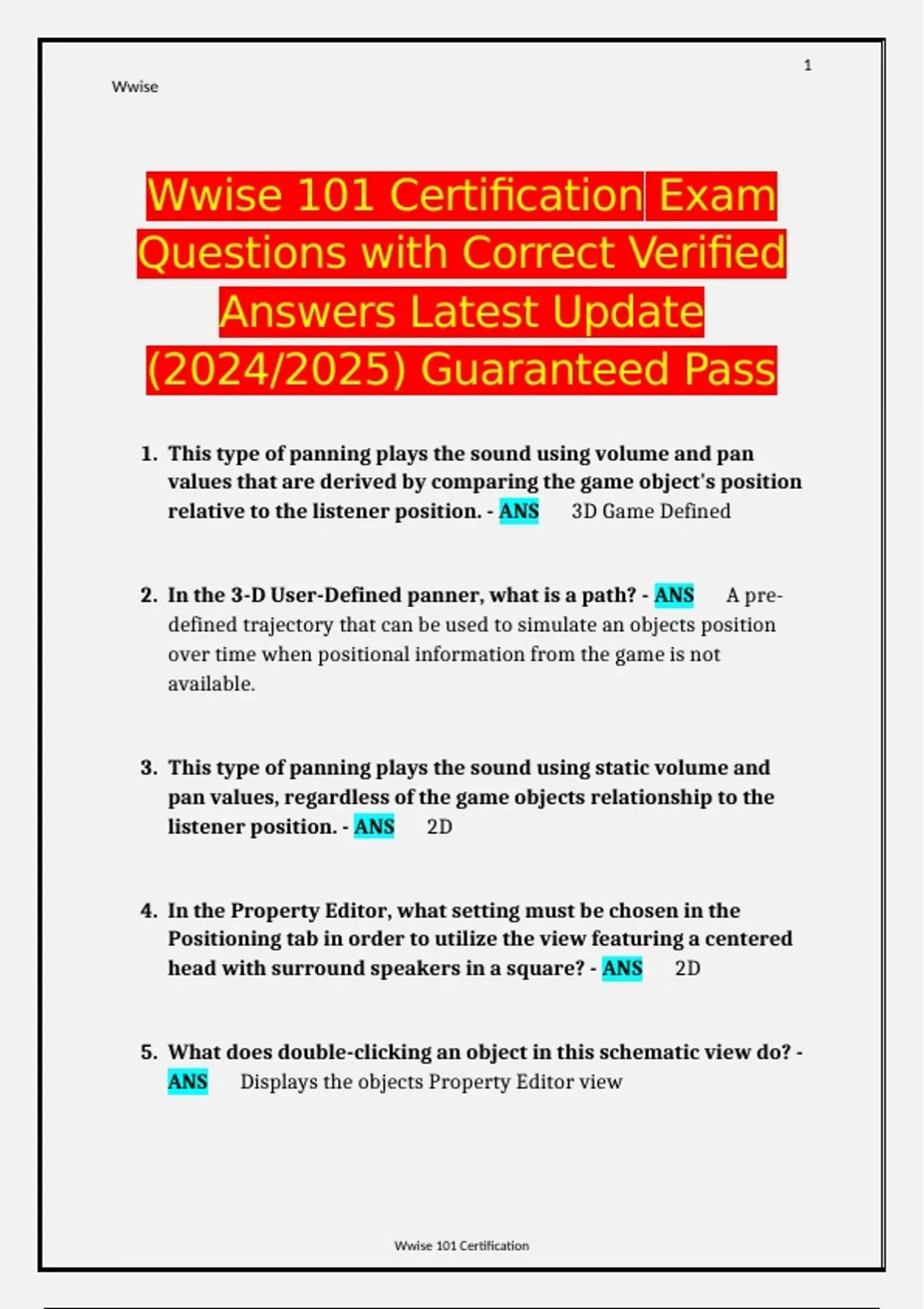 Wwise 101 Certification Exam Questions with Correct Verified Answers ...