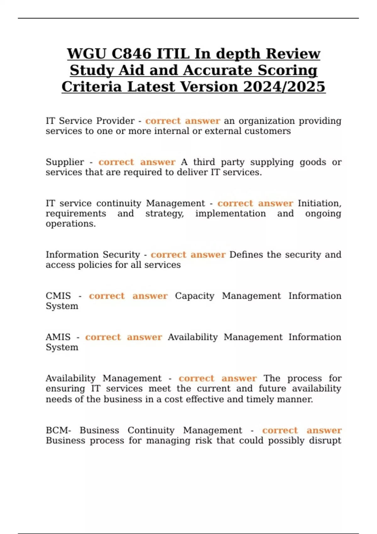 WGU C846 ITIL In depth Review Study Aid and Accurate Scoring Criteria ...
