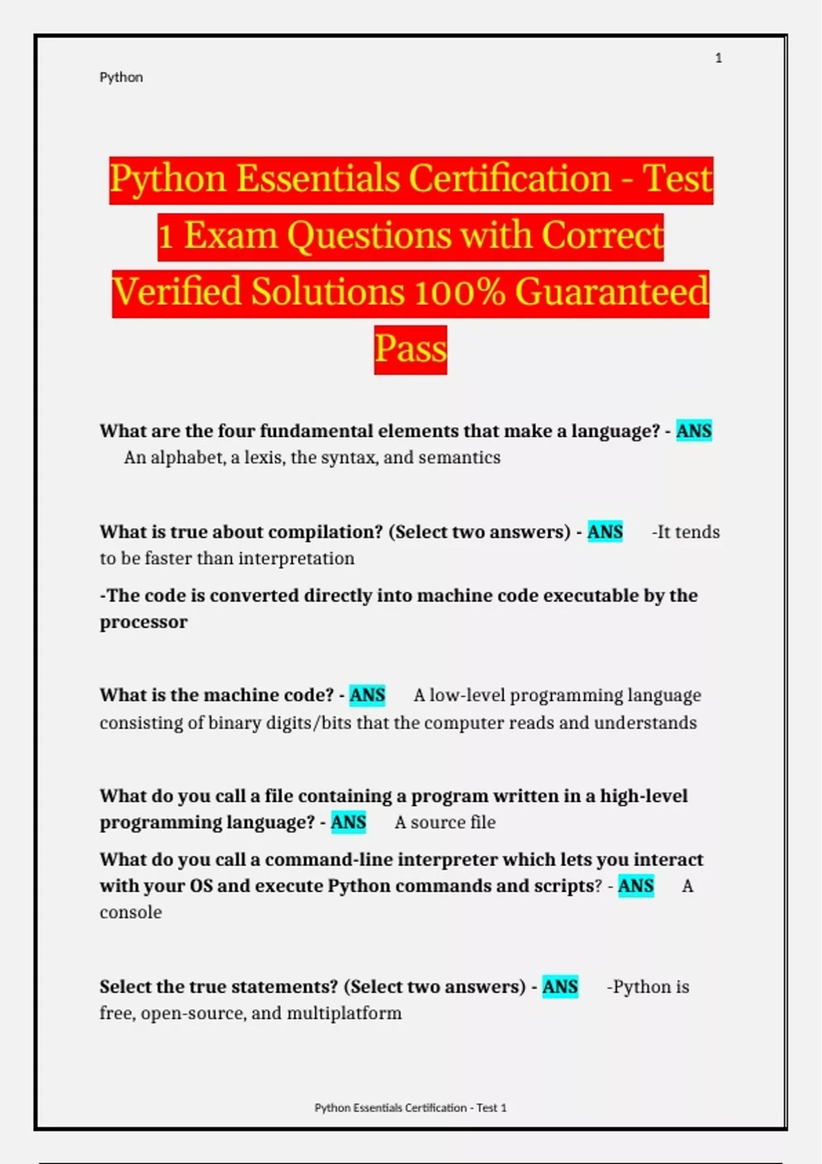Python Essentials Certification Test 1 Exam Questions With Correct