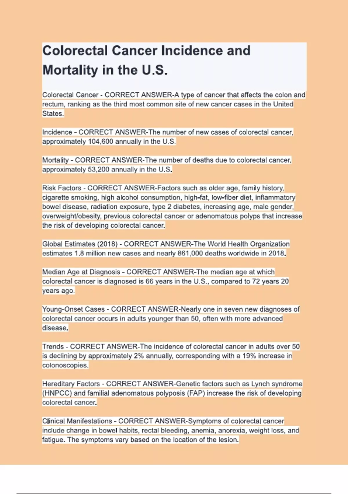 Colorectal Cancer Incidence Questions & 100% Verified Correct Answers ...