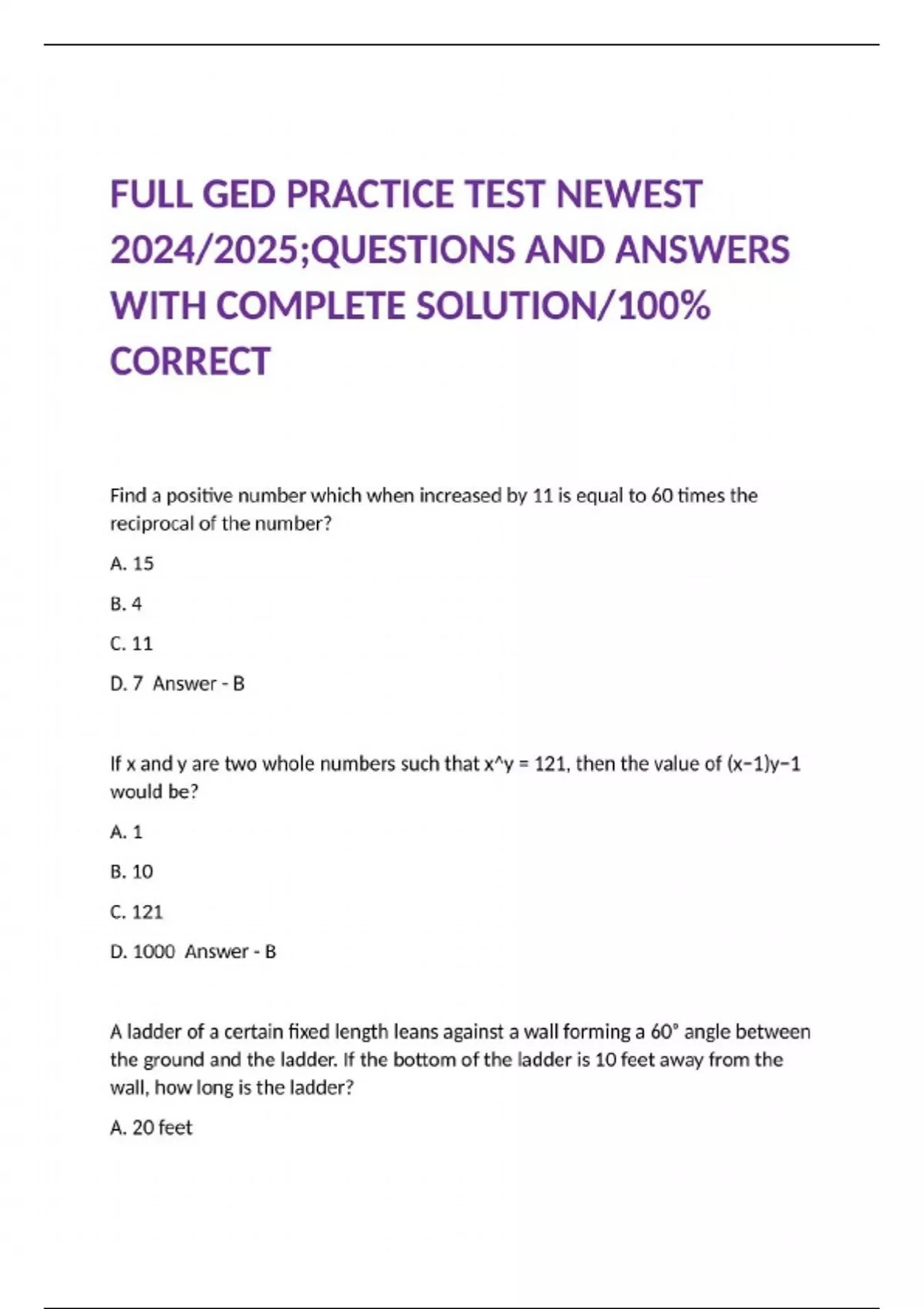 FULL GED PRACTICE TEST NEWEST 2024/2025;QUESTIONS AND ANSWERS WITH ...