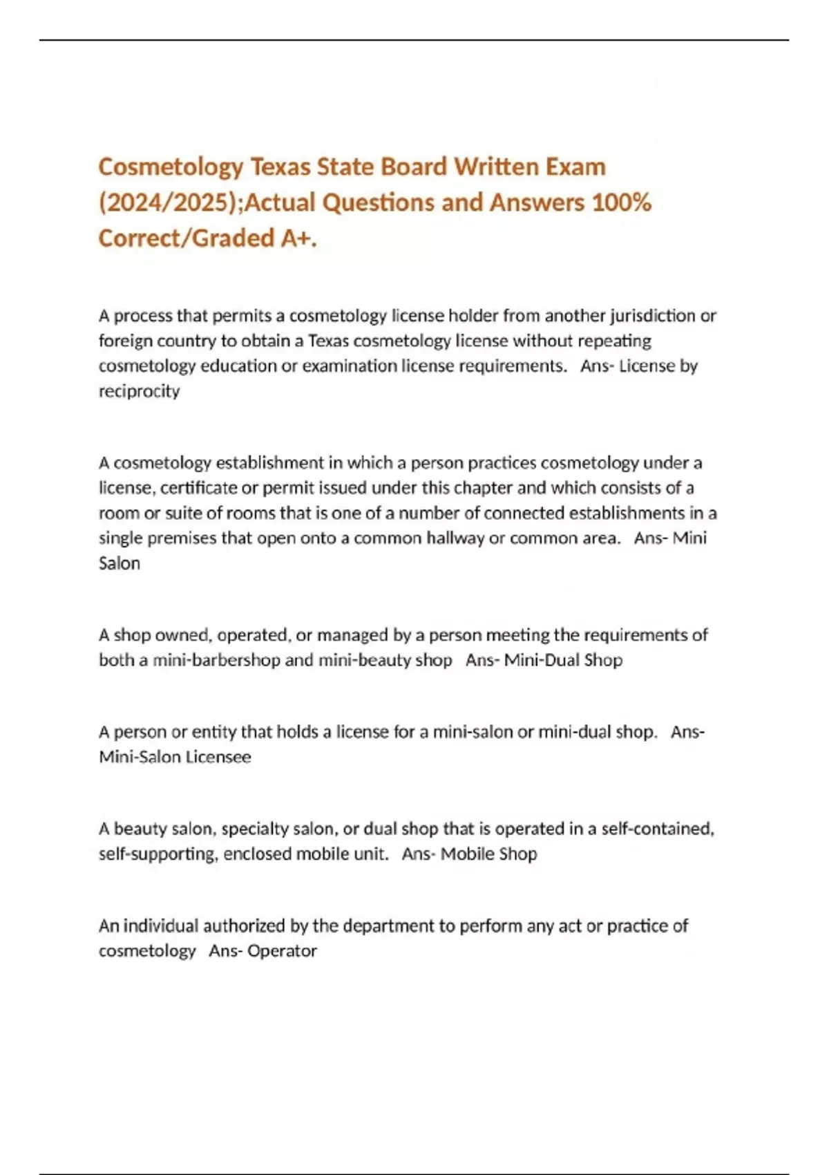 Cosmetology Texas State Board Written Exam (2024/2025);Actual Questions ...