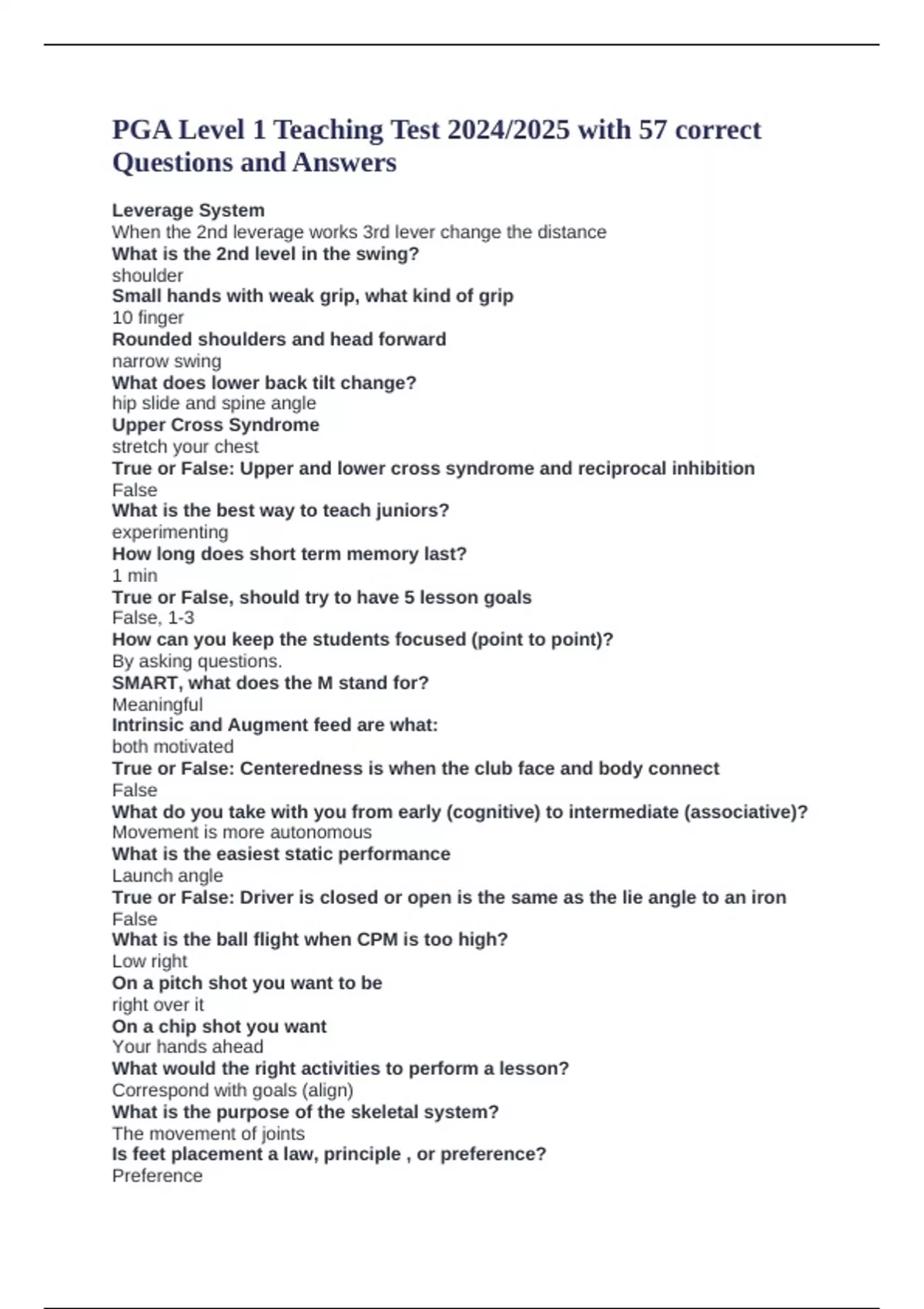 PGA Level 1 Teaching Test 2024/2025 with 57 correct Questions and ...