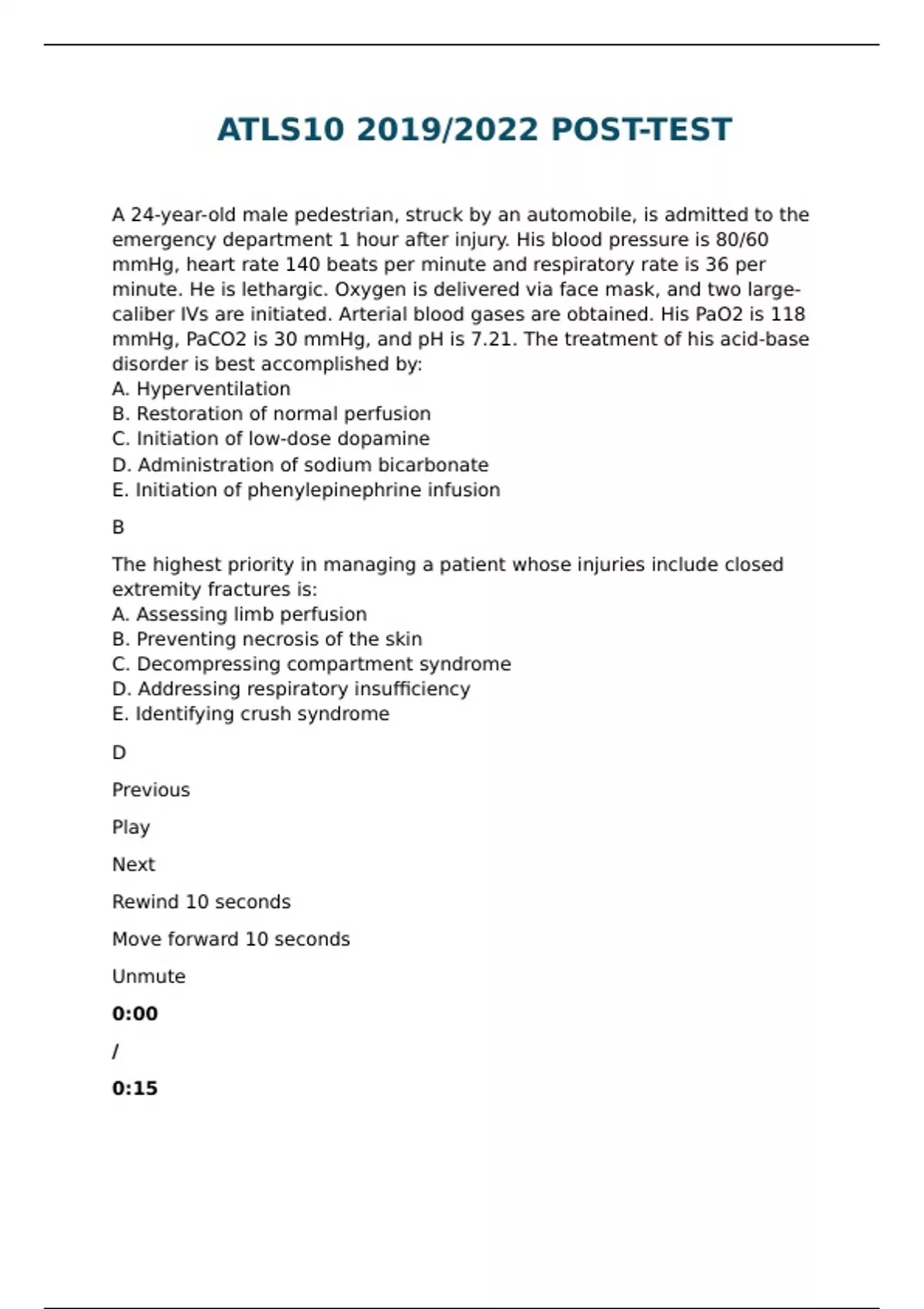 ATLS POST-TEST (Advanced Trauma Life Support) (Comprehensive Document ...