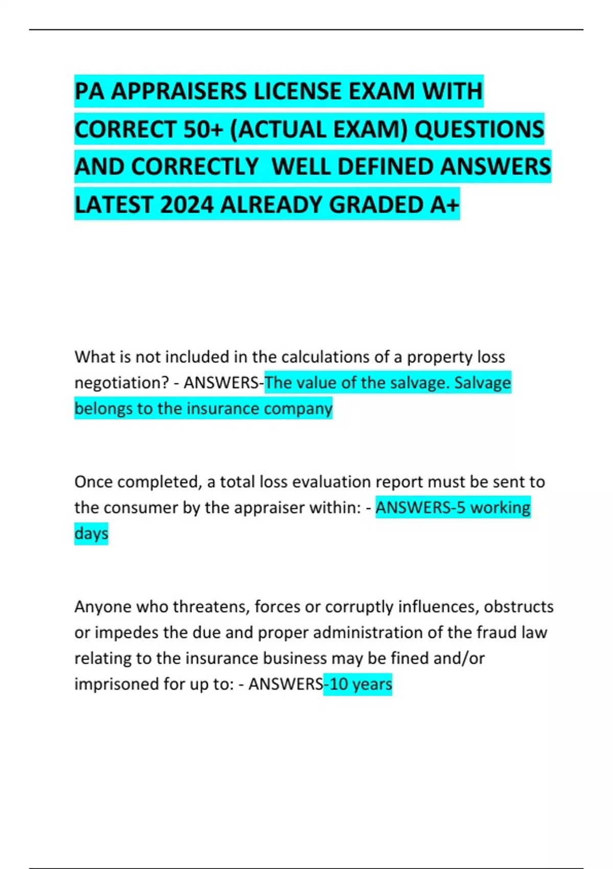 PA APPRAISERS LICENSE EXAM WITH CORRECT 50+ (ACTUAL EXAM) QUESTIONS AND ...