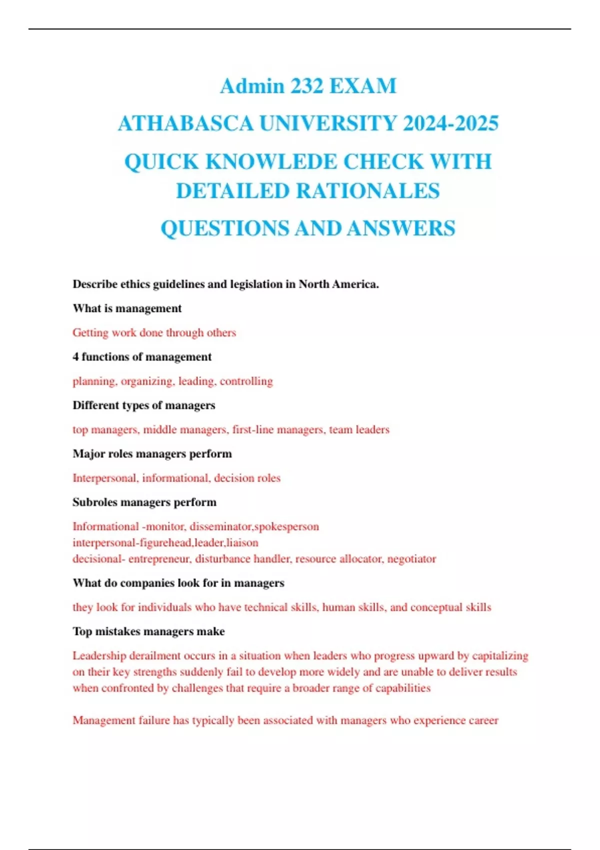 Admin 232 EXAM ATHABASCA UNIVERSITY QUICK KNOWLEDE CHECK WITH DETAILED ...