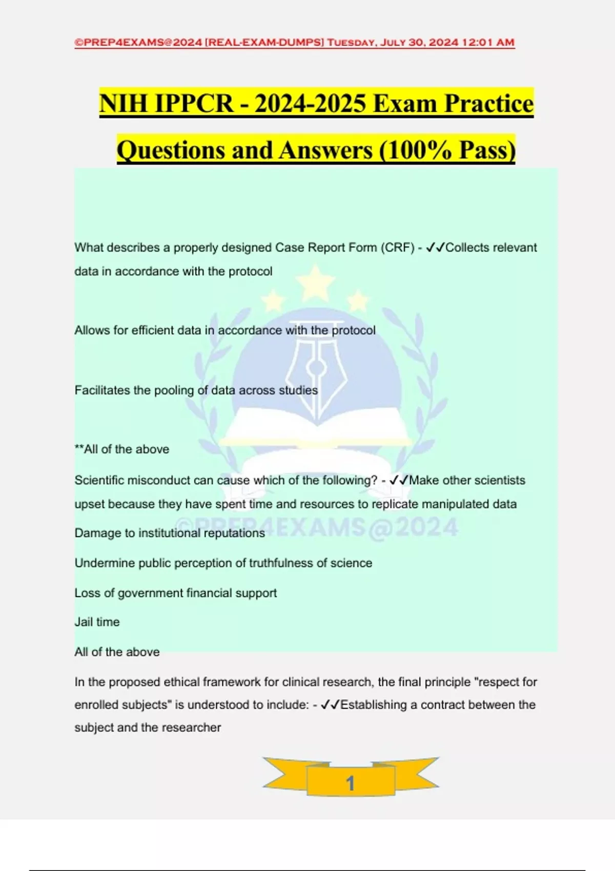 NIH IPPCR - Exam Practice Questions and Answers (100% Pass) - NIH IPPCR - Stuvia US