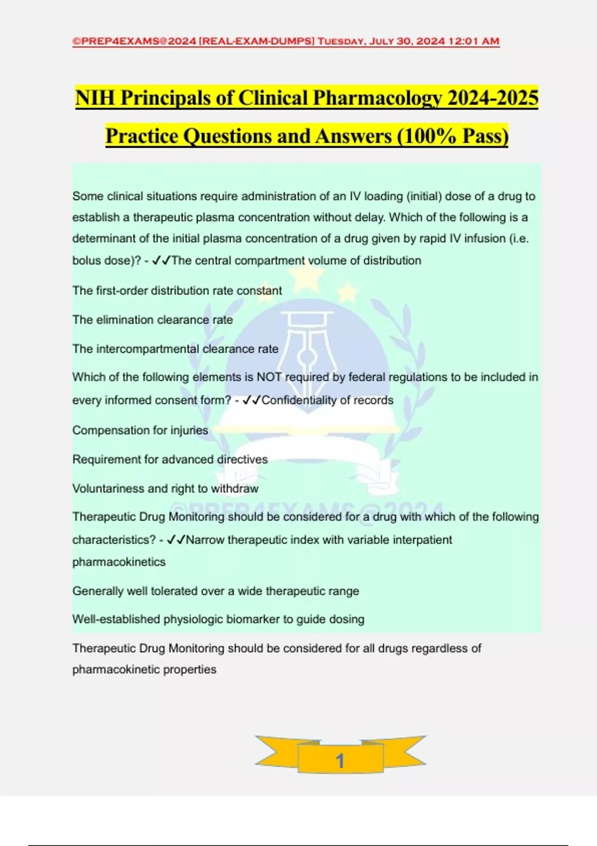 NIH Principals of Clinical Pharmacology Practice Questions and Answers (100% Pass - NIH IPPCR ...