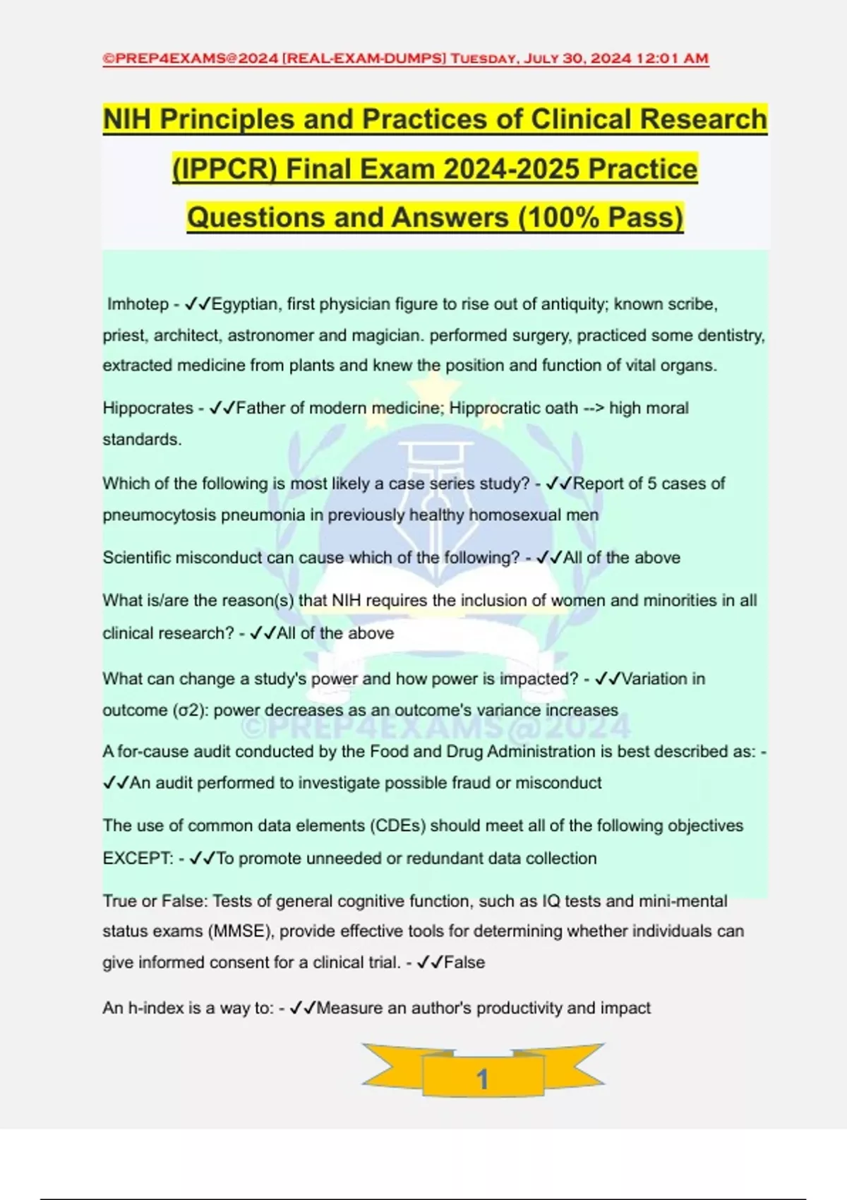 NIH Principles and Practices of Clinical Research (IPPCR) Final Exam Practice Questions and ...