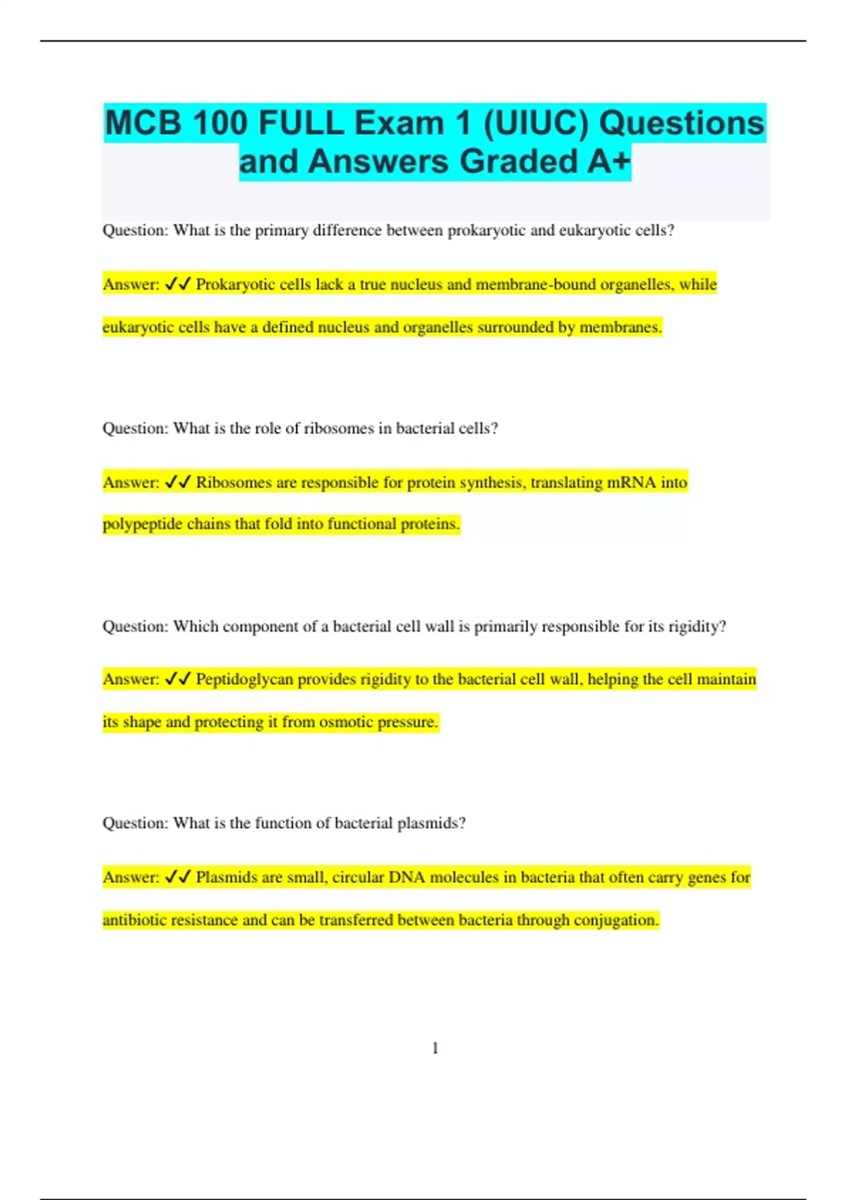 MCB 100 FULL Exam 1 (UIUC) Questions and Answers Graded A+ - MCB 100 ...