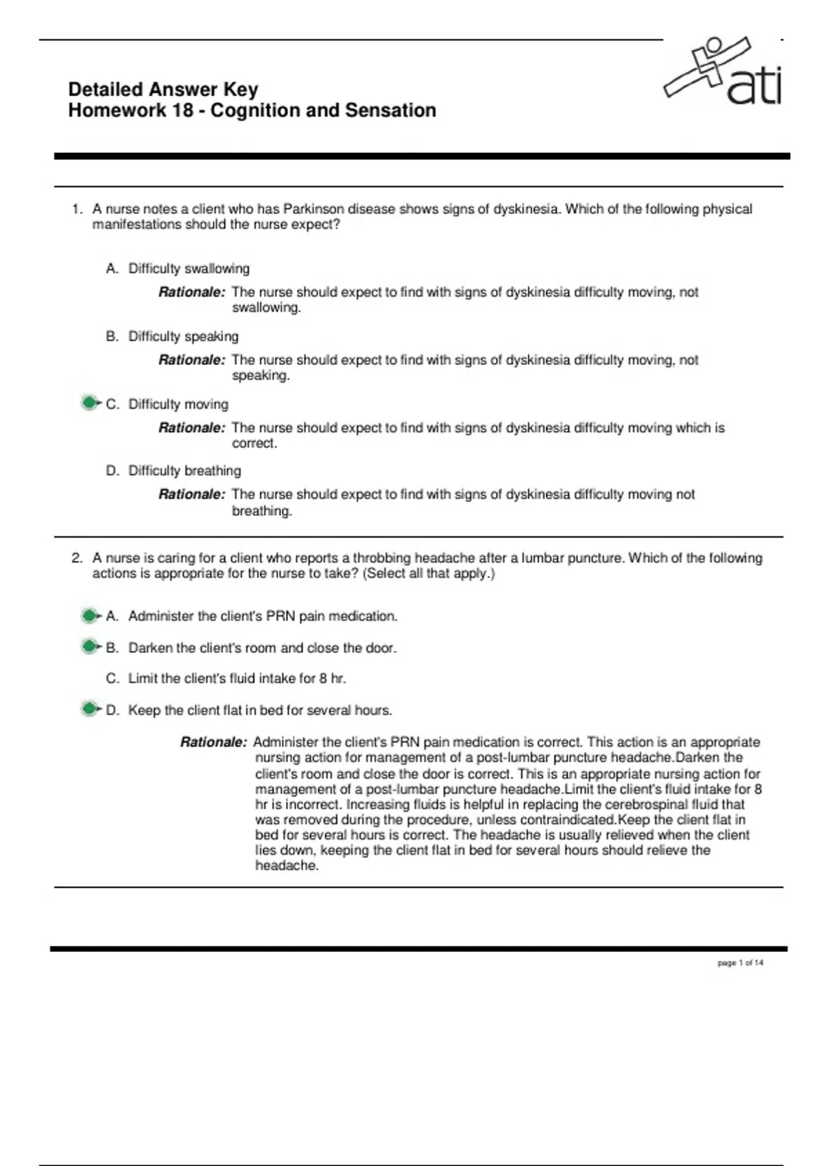 2024/2025 Cognition and Sensation (ATI) Detailed Answer Key - Cognition ...