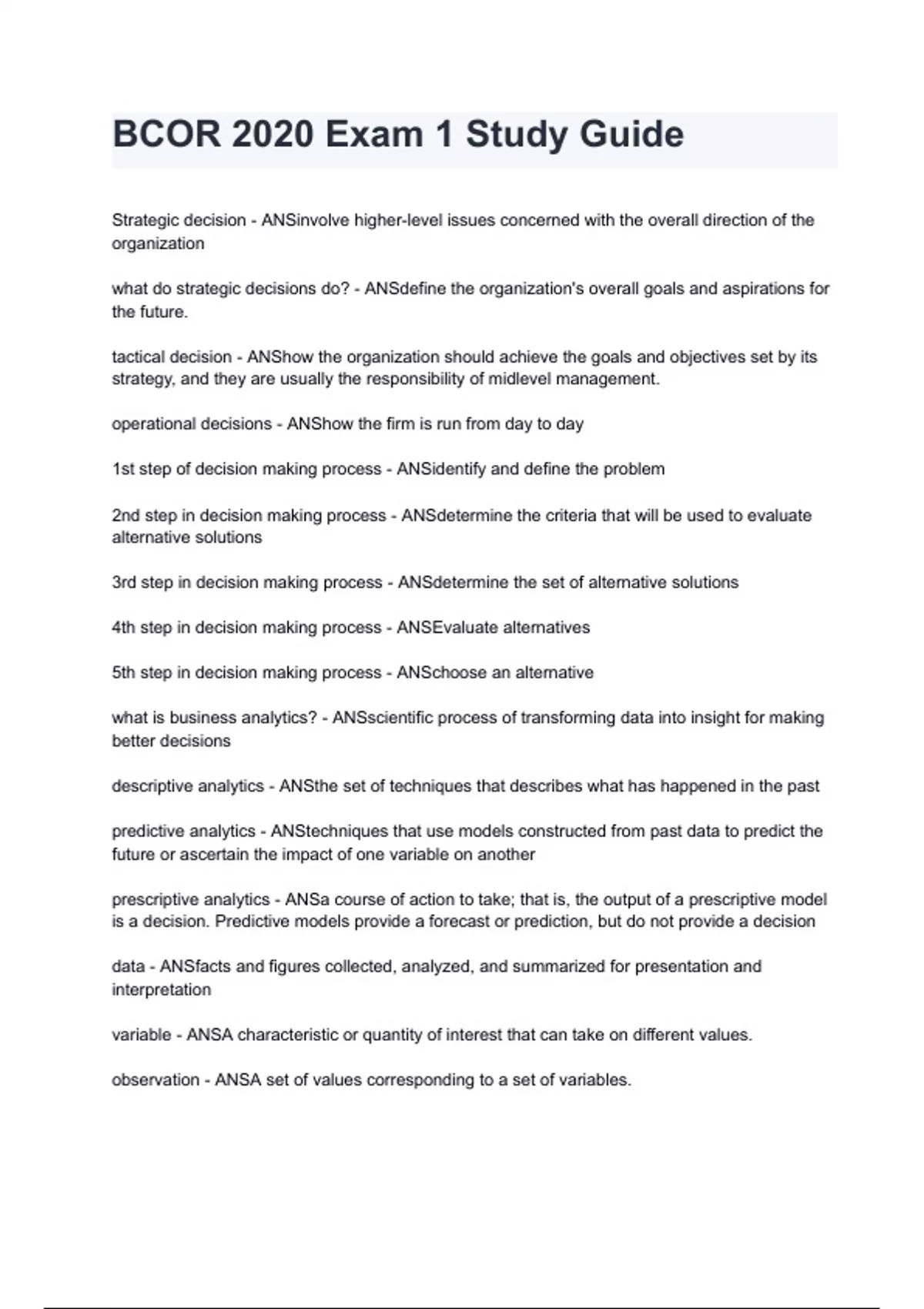 BCOR 2020 Exam 1 Study Guide Questions and Correct Answers 2024/2025 ...