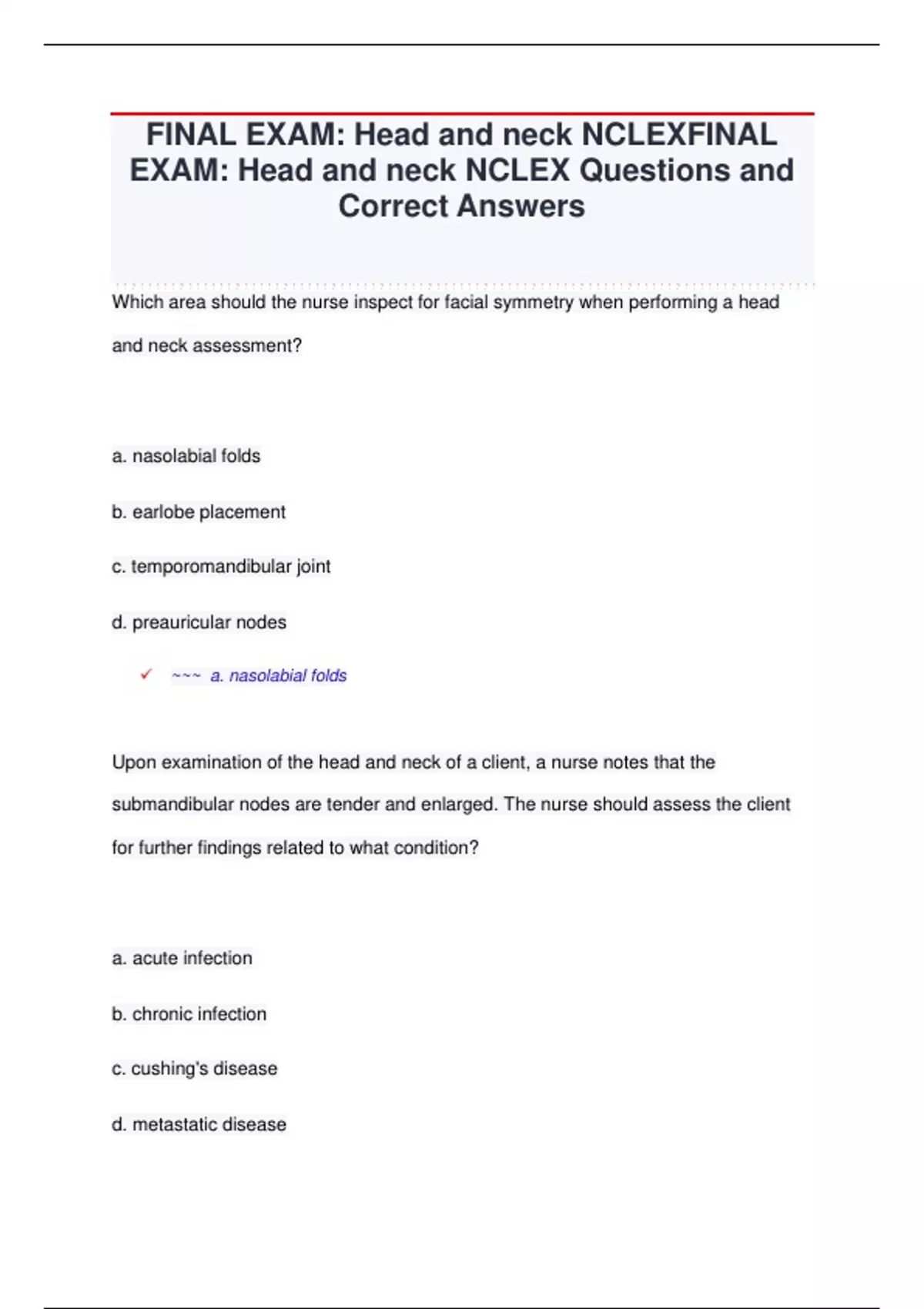 FINAL EXAM: Head and neck NCLEXFINAL EXAM: Head and neck NCLEX ...