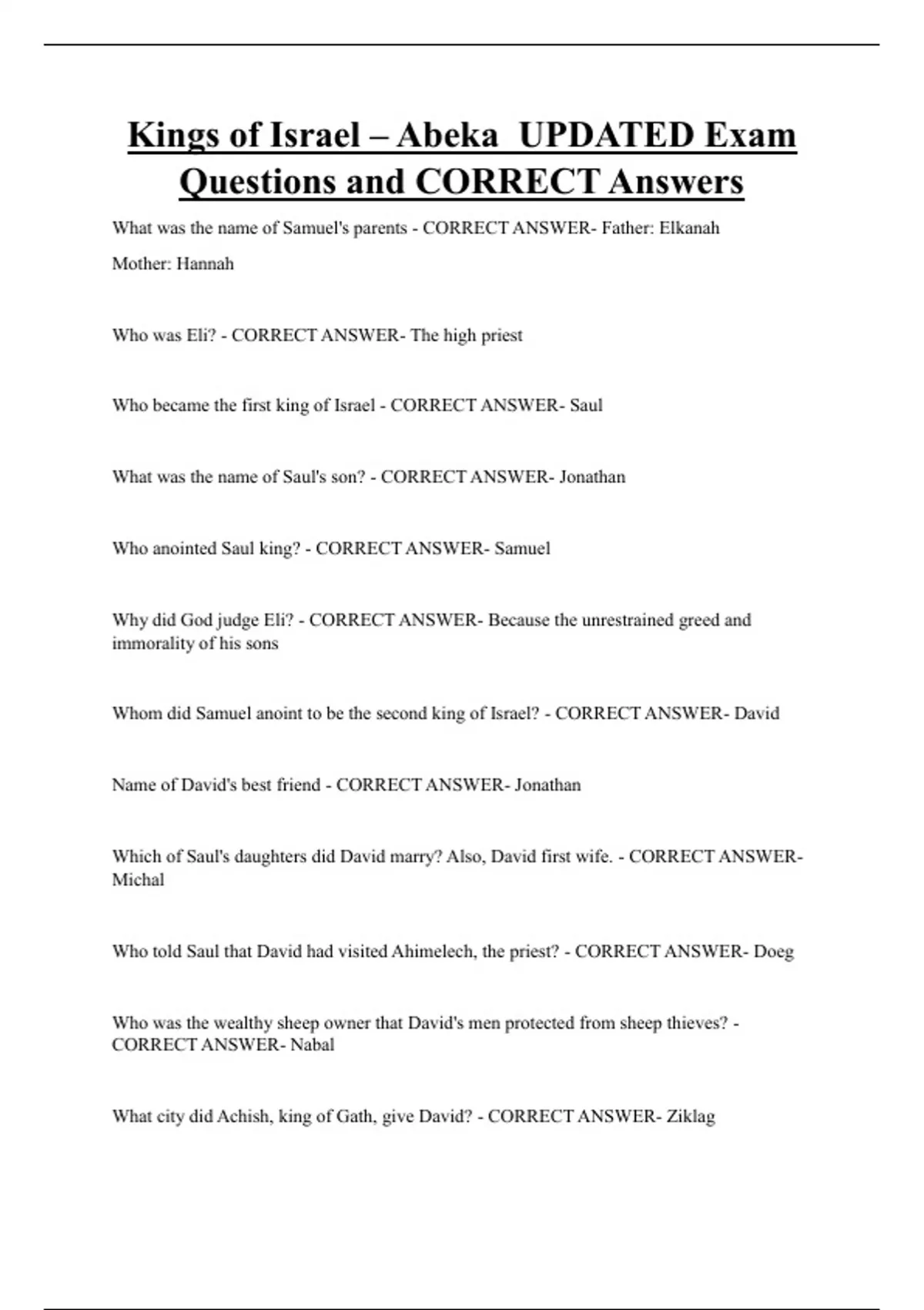 Kings of Israel – Abeka UPDATED Exam Questions and CORRECT Answers ...