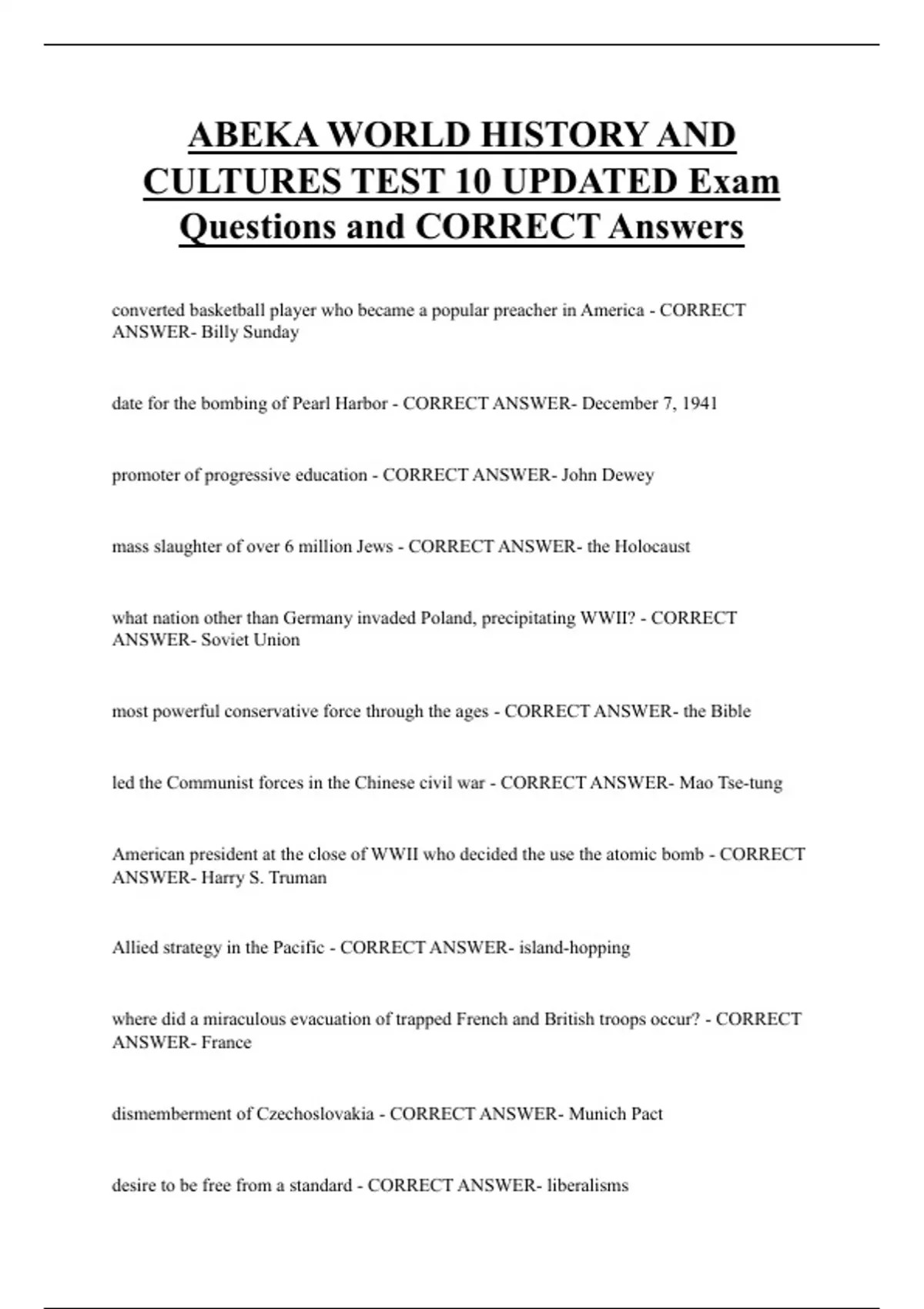 ABEKA WORLD HISTORY AND CULTURES TEST 10 UPDATED Exam Questions and ...