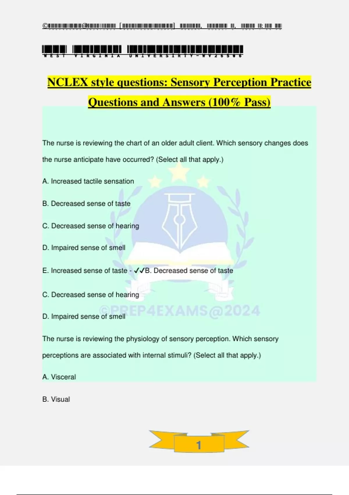 NCLEX style questions: Sensory Perception Practice Questions and ...