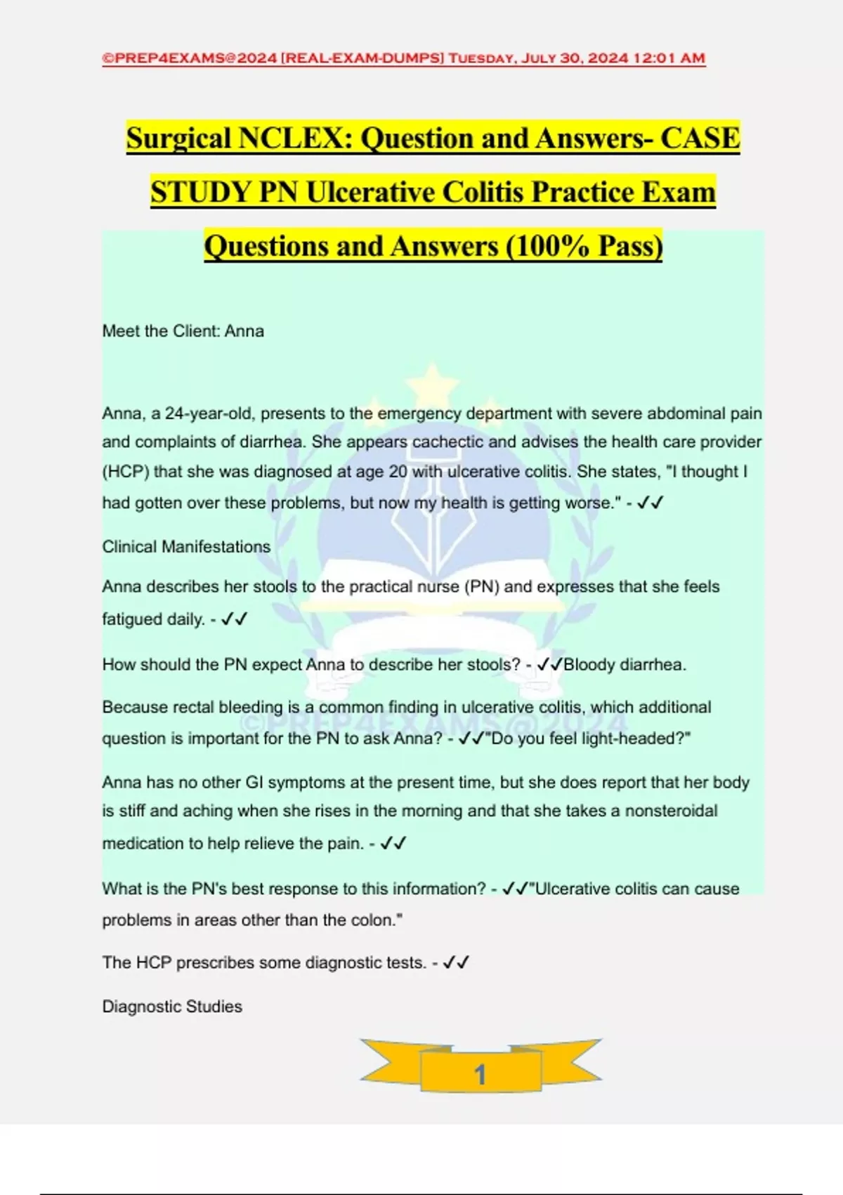Surgical NCLEX: Question and Answers- CASE STUDY PN Ulcerative Colitis ...