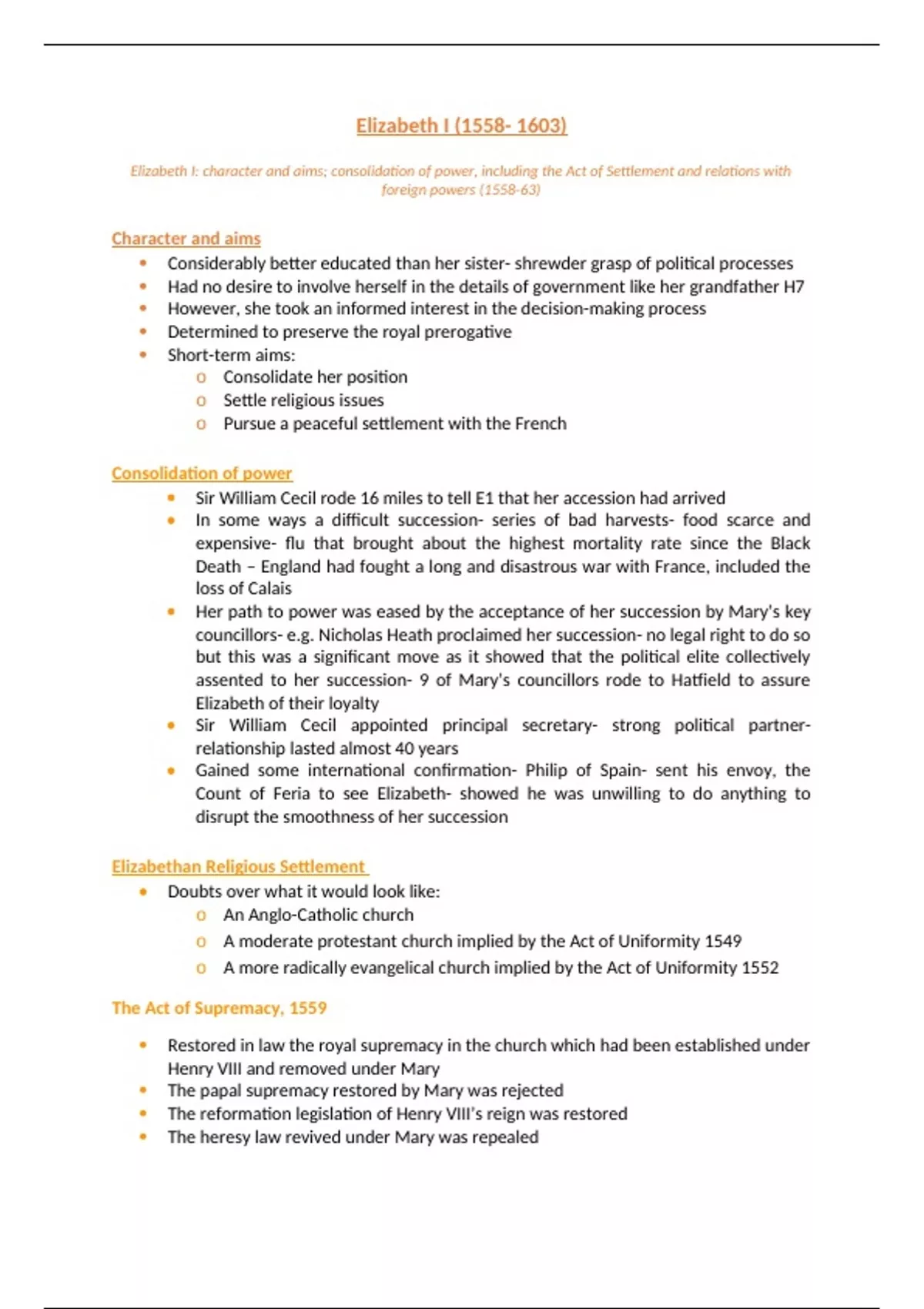 Summary AQA History A-Level - 1C The Tudors - The triumph of Elizabeth ...