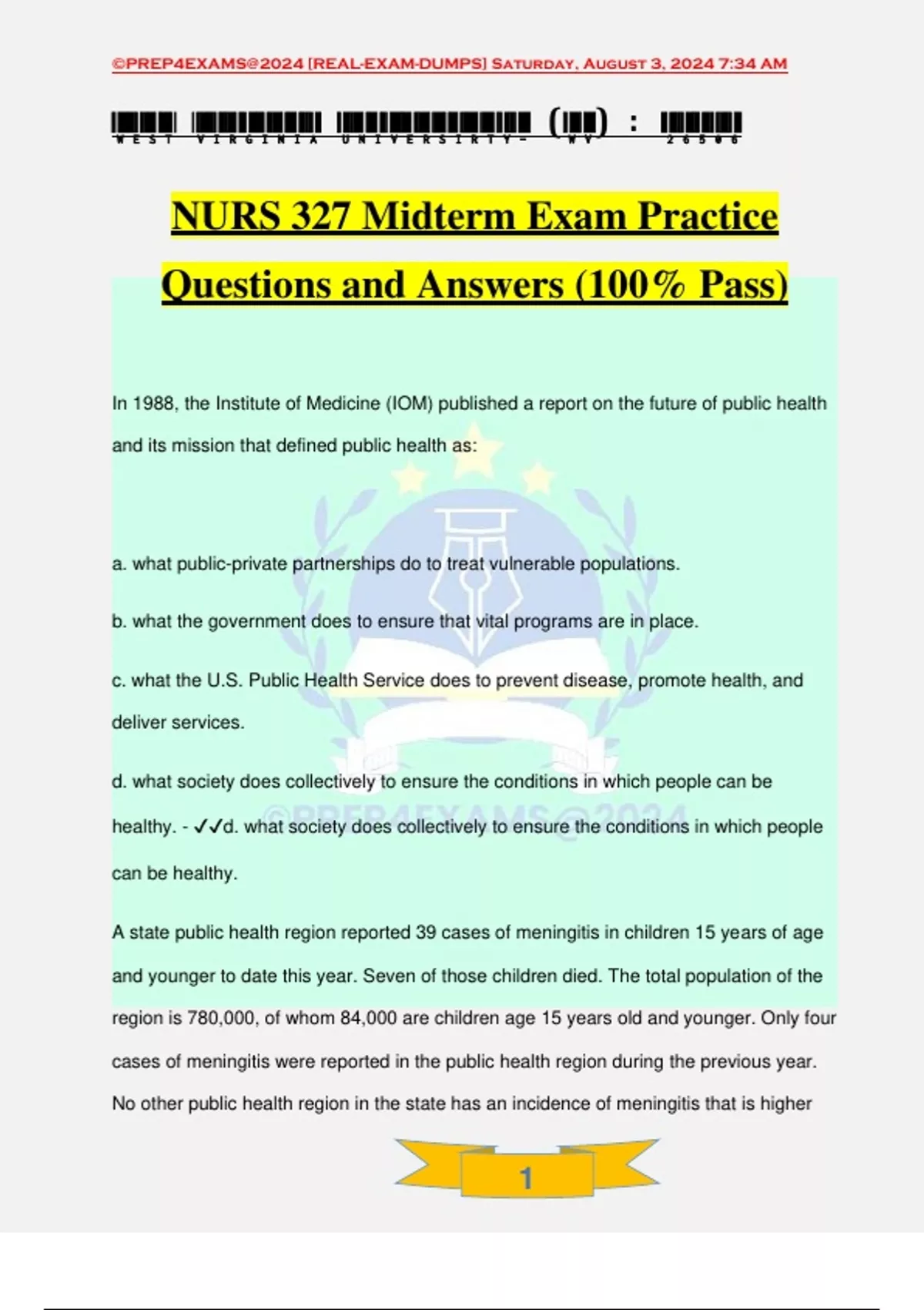 NURS 327 Midterm Exam Practice Questions and Answers (100% Pass)NURS 327 Midterm Exam Practice ...