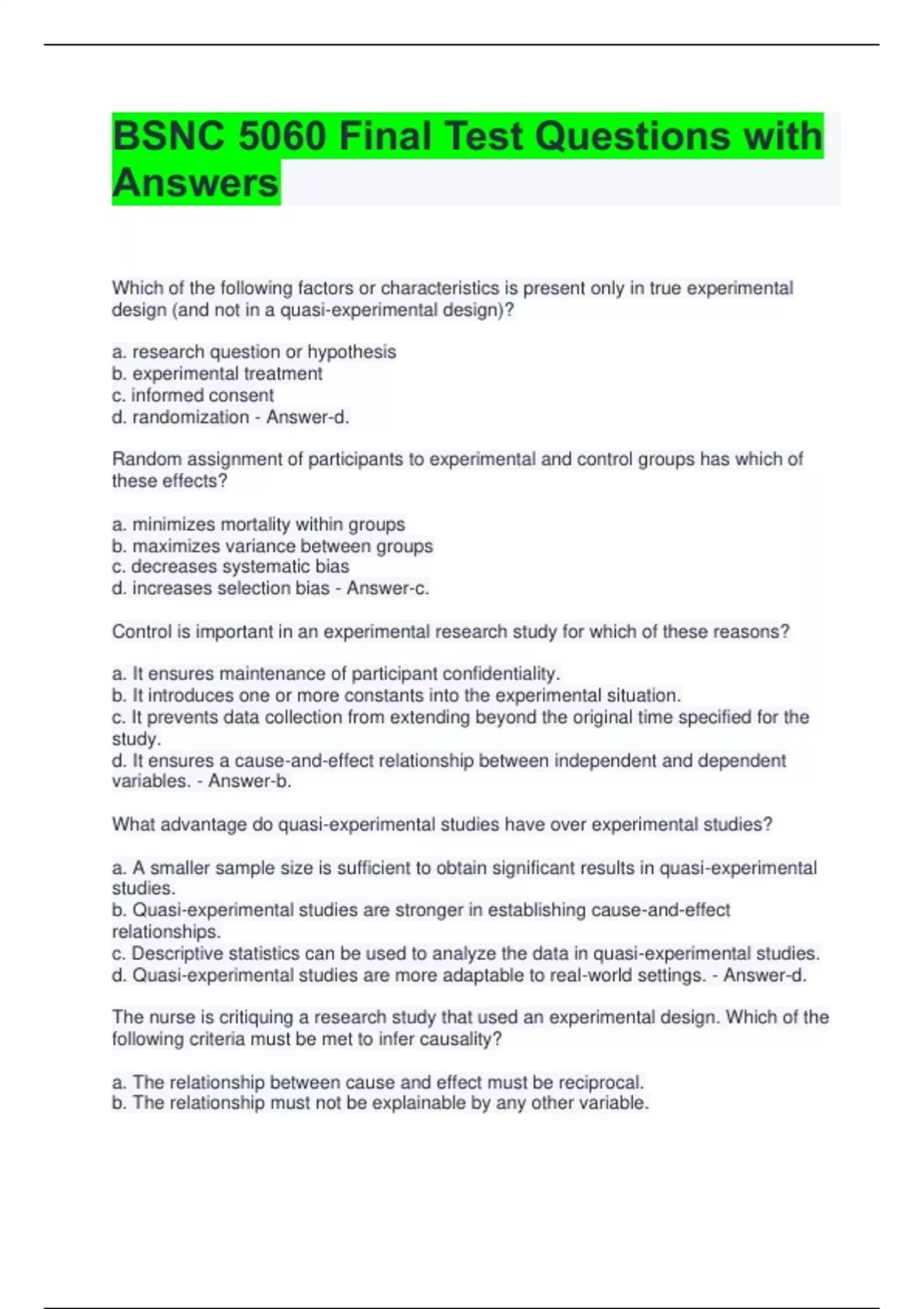 BSNC 5060 Final Test Questions with Answers - BSNC 5060 - Stuvia US