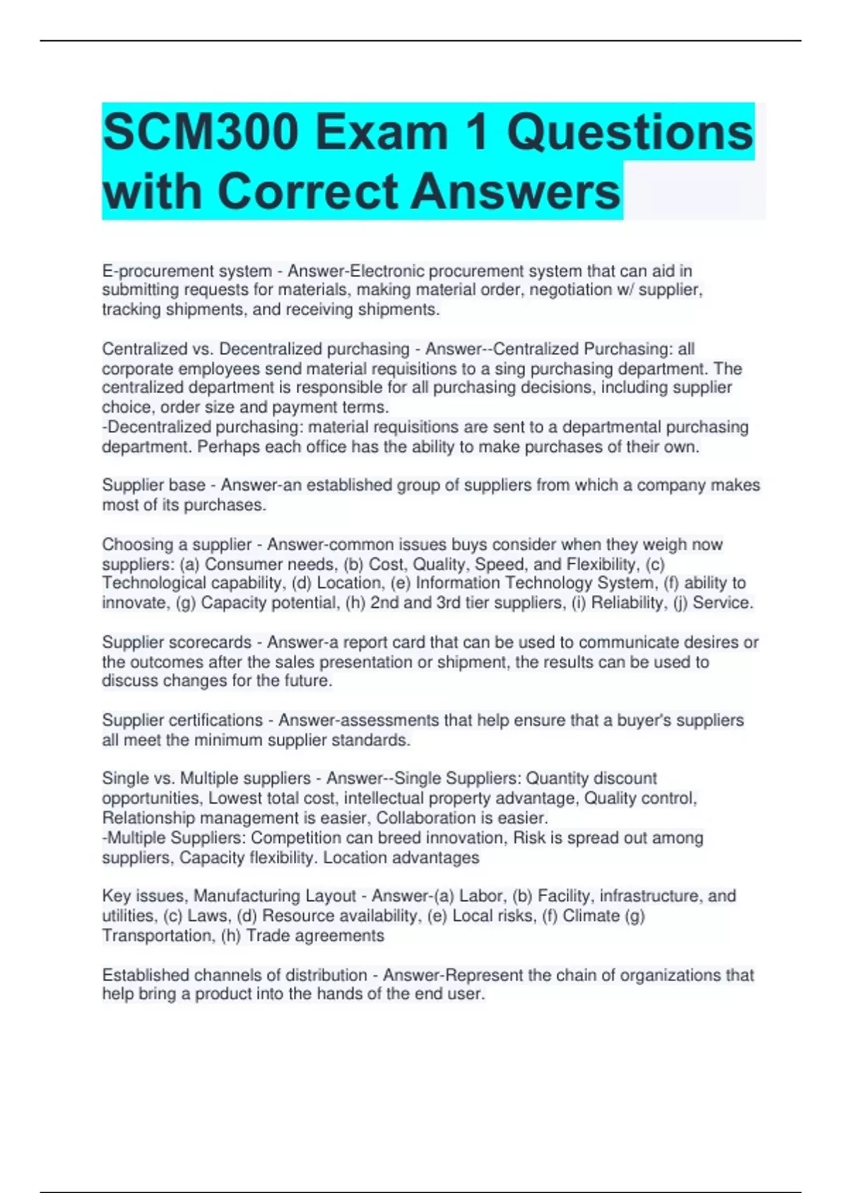 SCM300 Exam 1 Questions with Correct Answers - SCM300 - Stuvia US