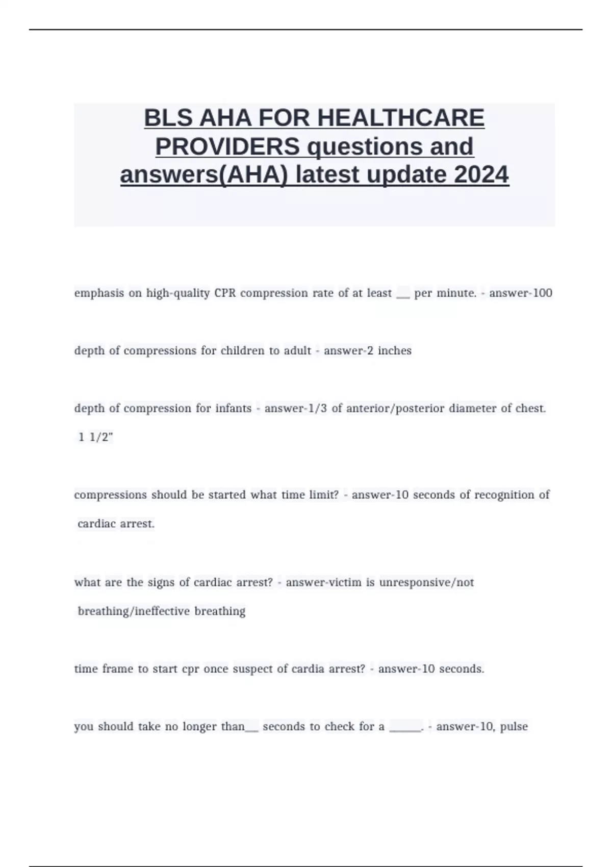 BLS AHA FOR HEALTHCARE PROVIDERS questions and answers(AHA) latest ...
