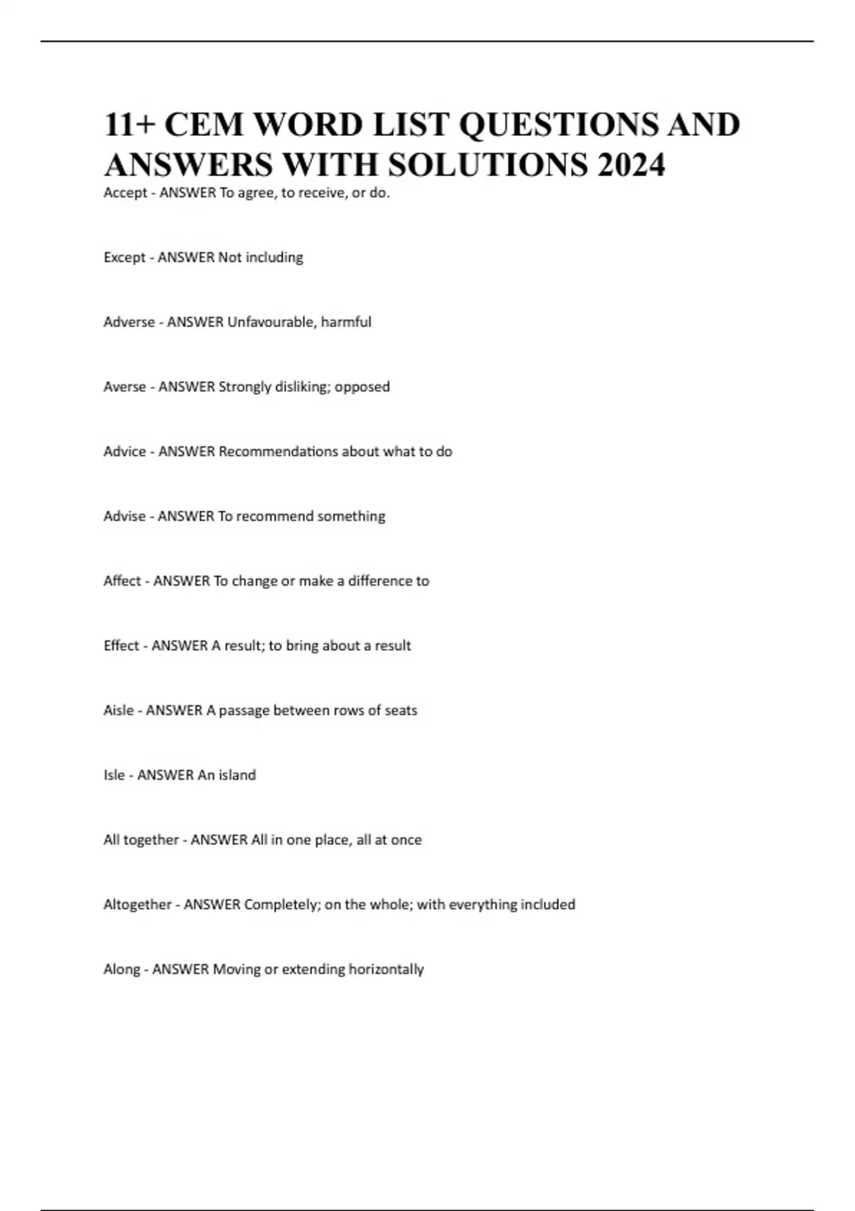 11+ CEM WORD LIST QUESTIONS AND ANSWERS WITH SOLUTIONS 2024 - CEM - Stuvia US