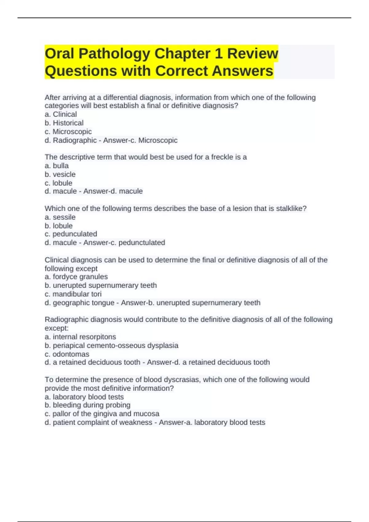 Oral Pathology Chapter 1 Review Questions with Correct Answers ...