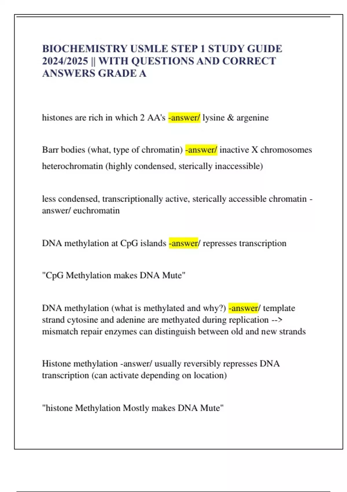 BIOCHEMISTRY USMLE STEP 1 STUDY GUIDE 2024/2025 || WITH QUESTIONS AND ...