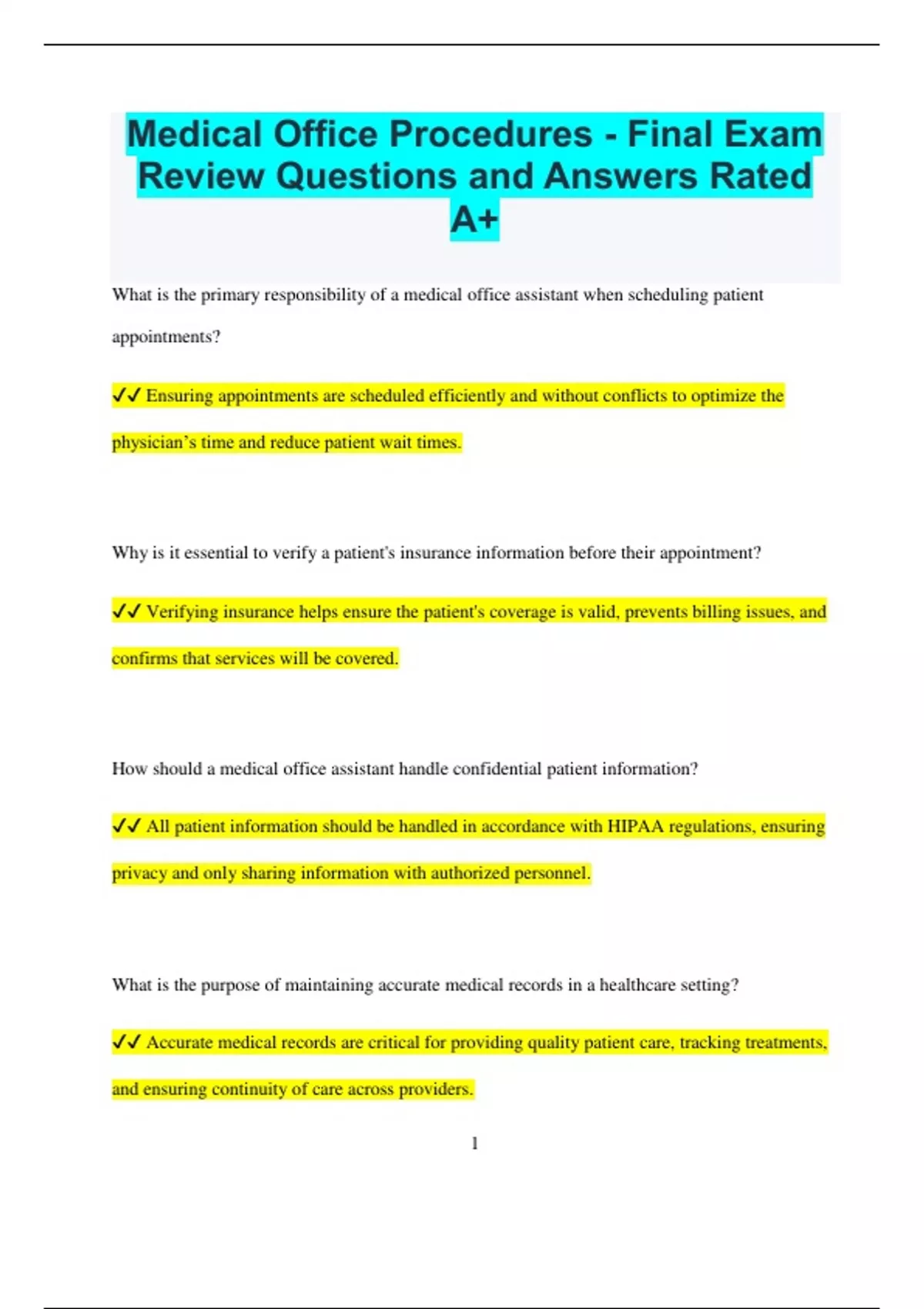 Medical Office Procedures Bundled Exams Questions and Answers Latest ...