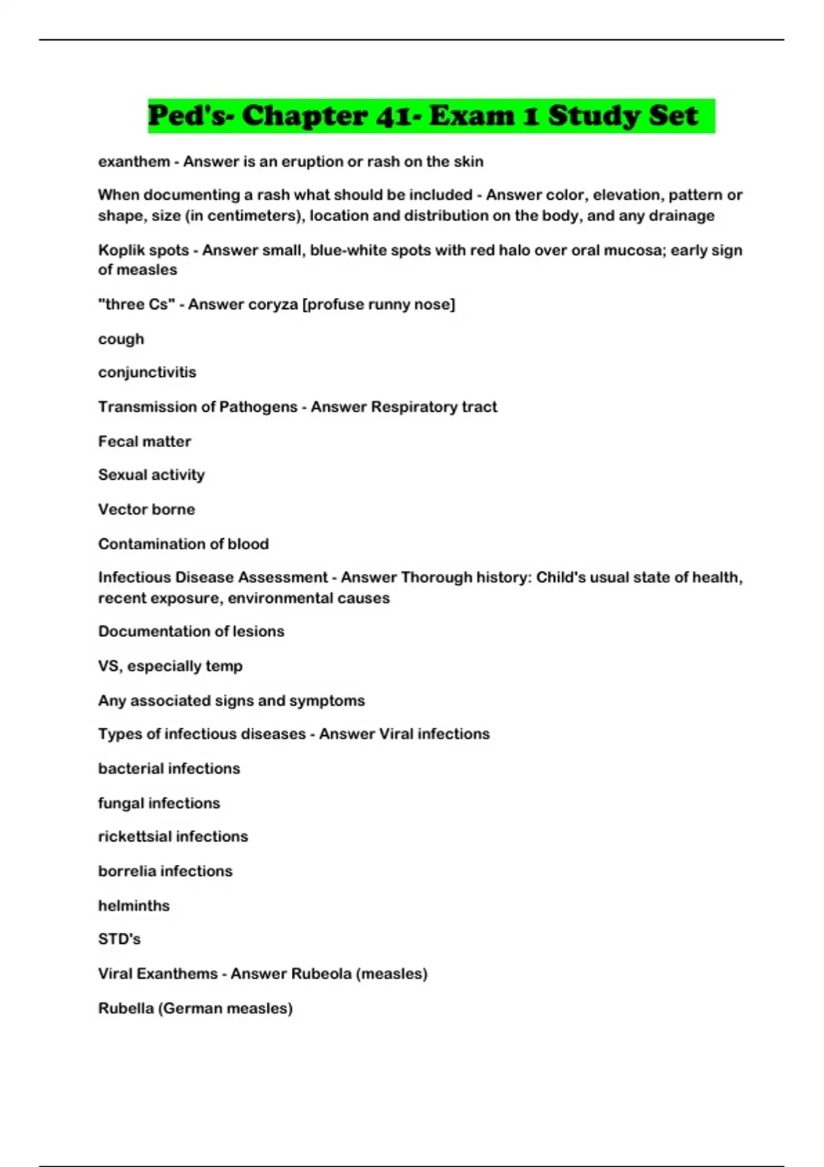 Ped's- Chapter 41- Exam 1 Study Set - Ped\'s- - Stuvia US