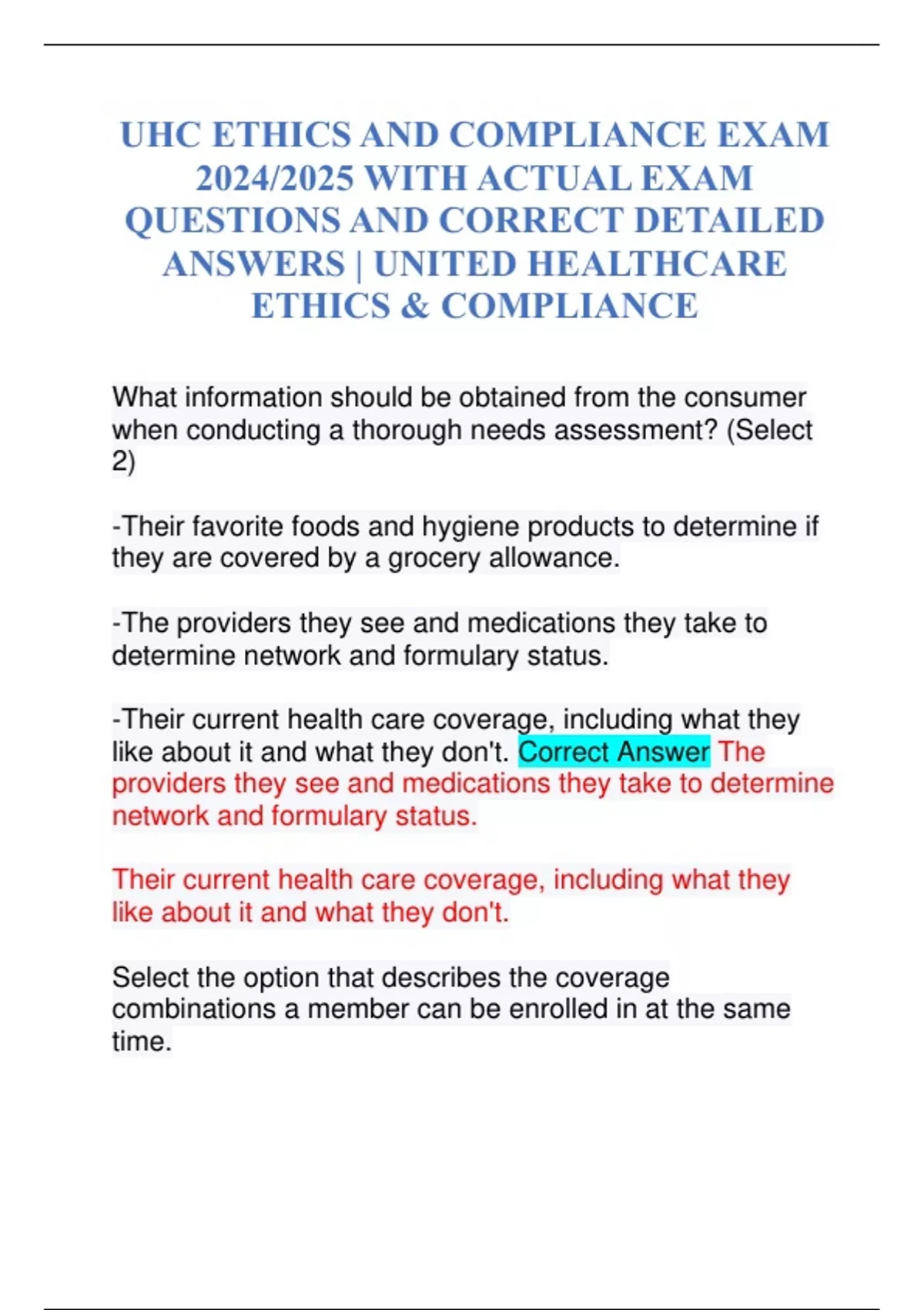 UHC ETHICS AND COMPLIANCE EXAM 2024/2025 WITH ACTUAL EXAM QUESTIONS AND ...