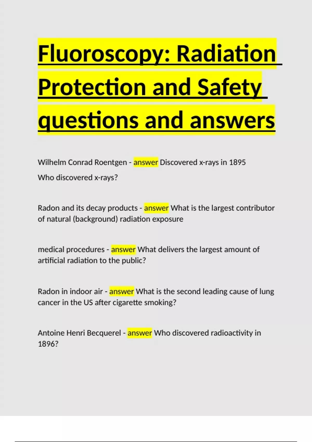 Fluoroscopy Radiation Protection and Safety questions and answers ...